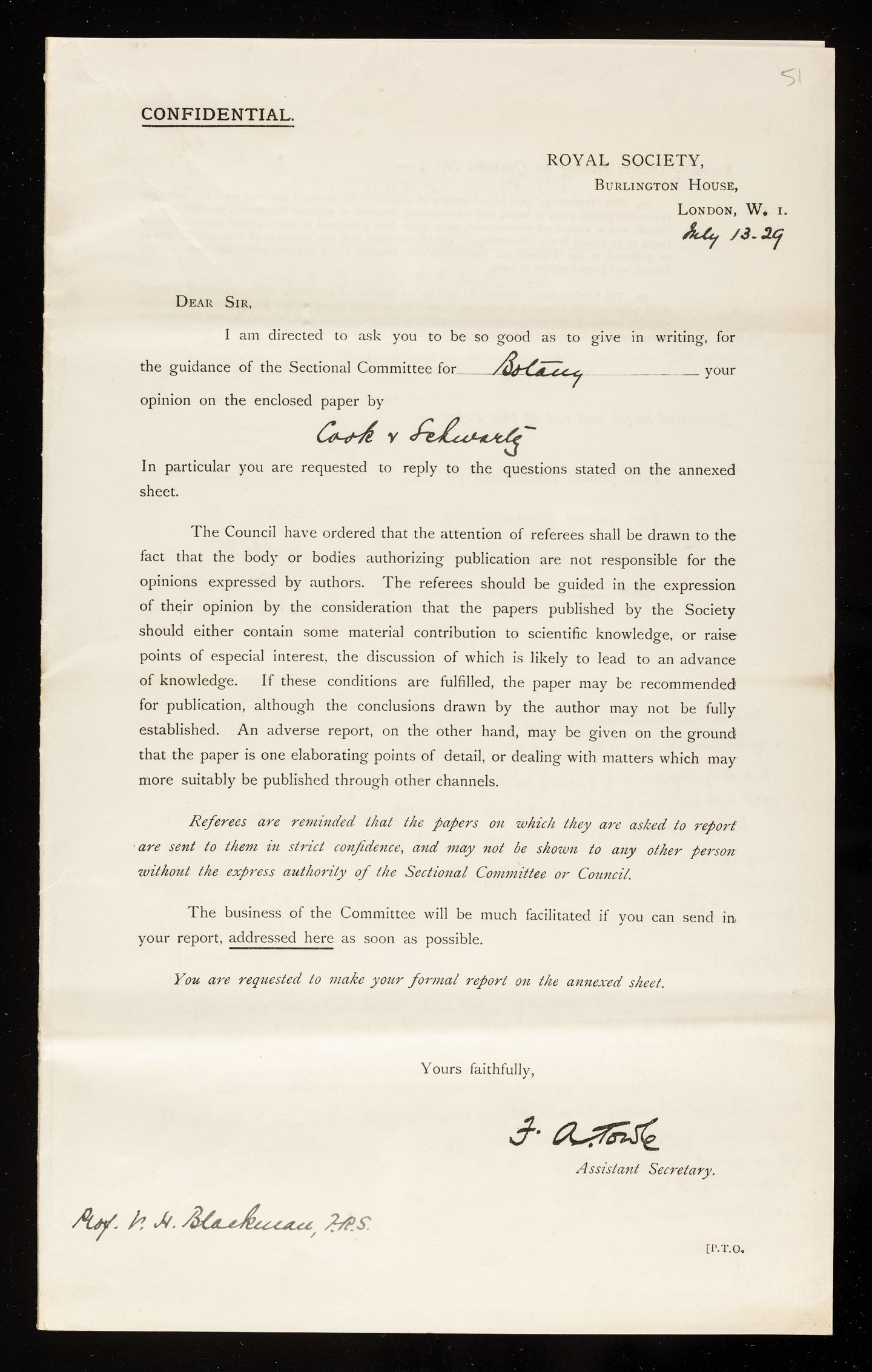 Referee's report by Vernon Herbert Blackman, on a paper 'The life-history, cytology and method ...