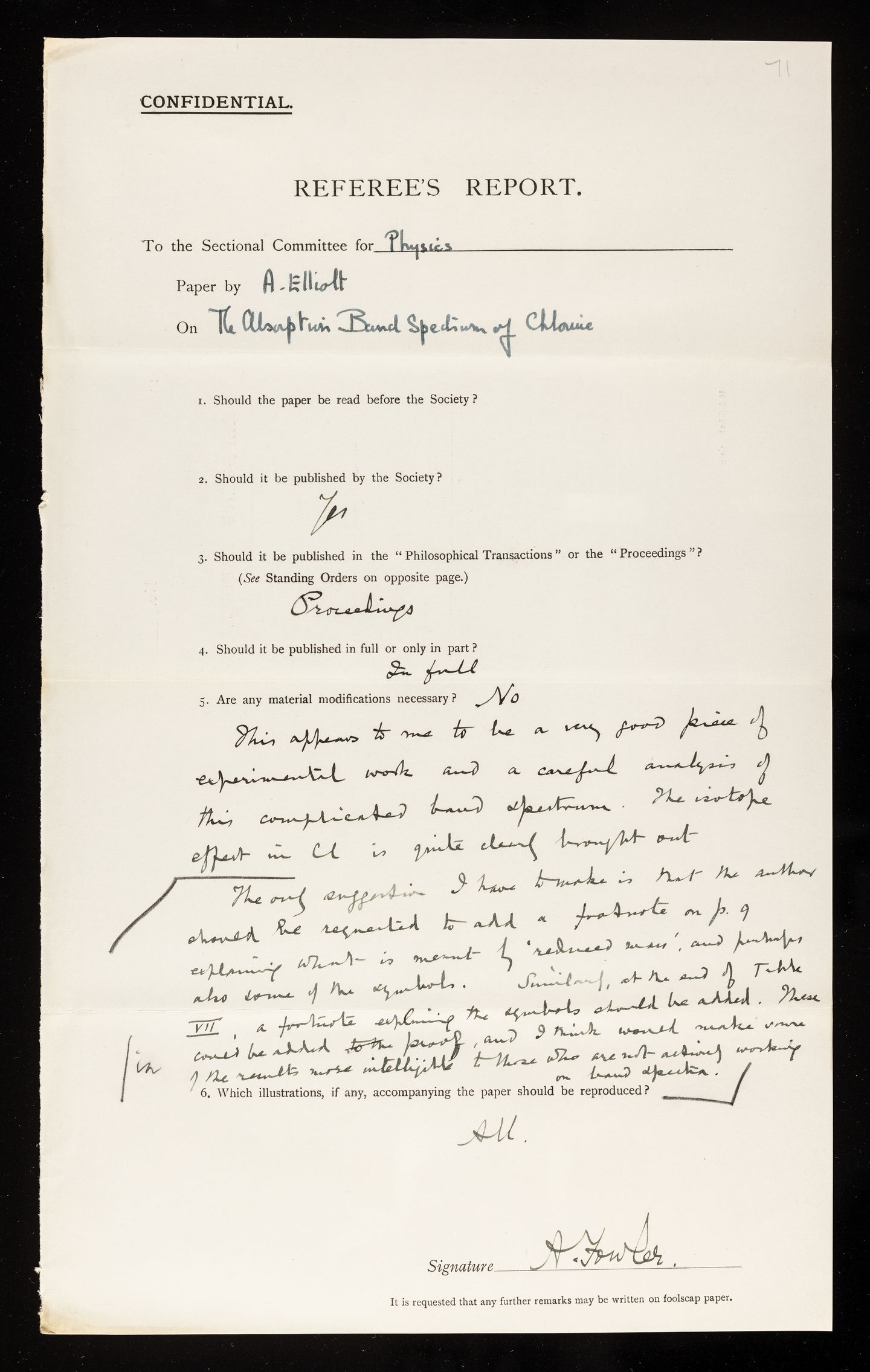 Referee's report by Alfred Fowler, on a paper 'The absorption band ...