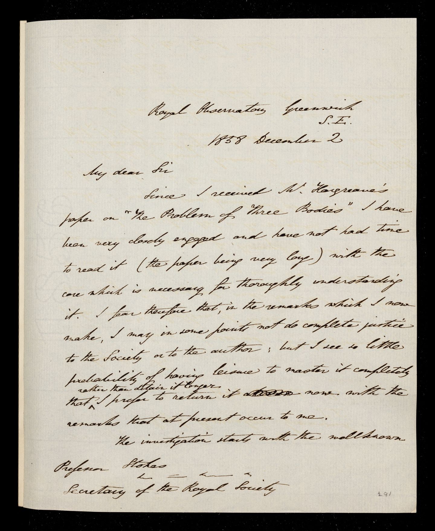 Referee's report by George Biddell Airy, on a paper 'On the problem of ...