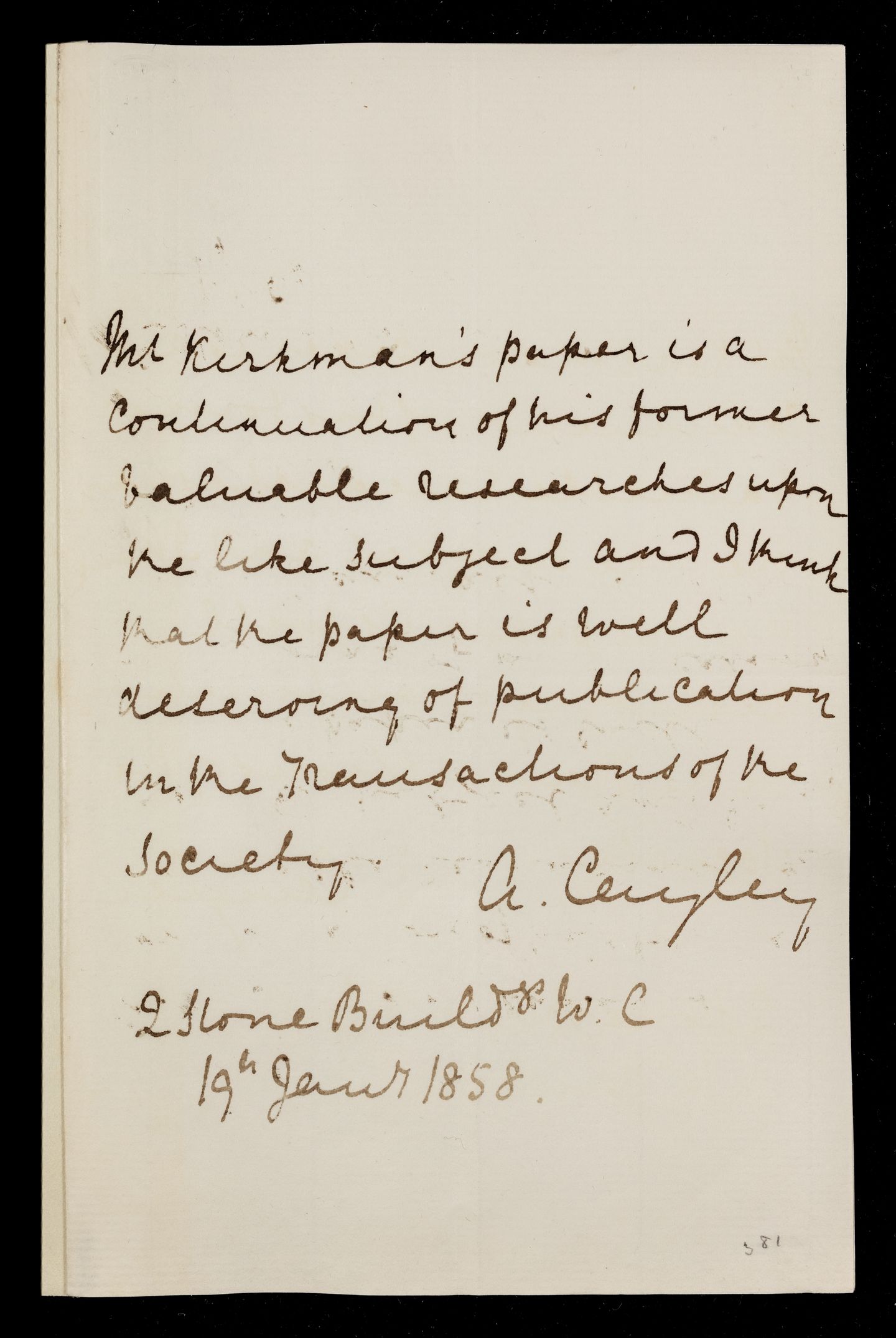 Referee's report by Arthur Cayley, on a paper 'On the partitions of the ...