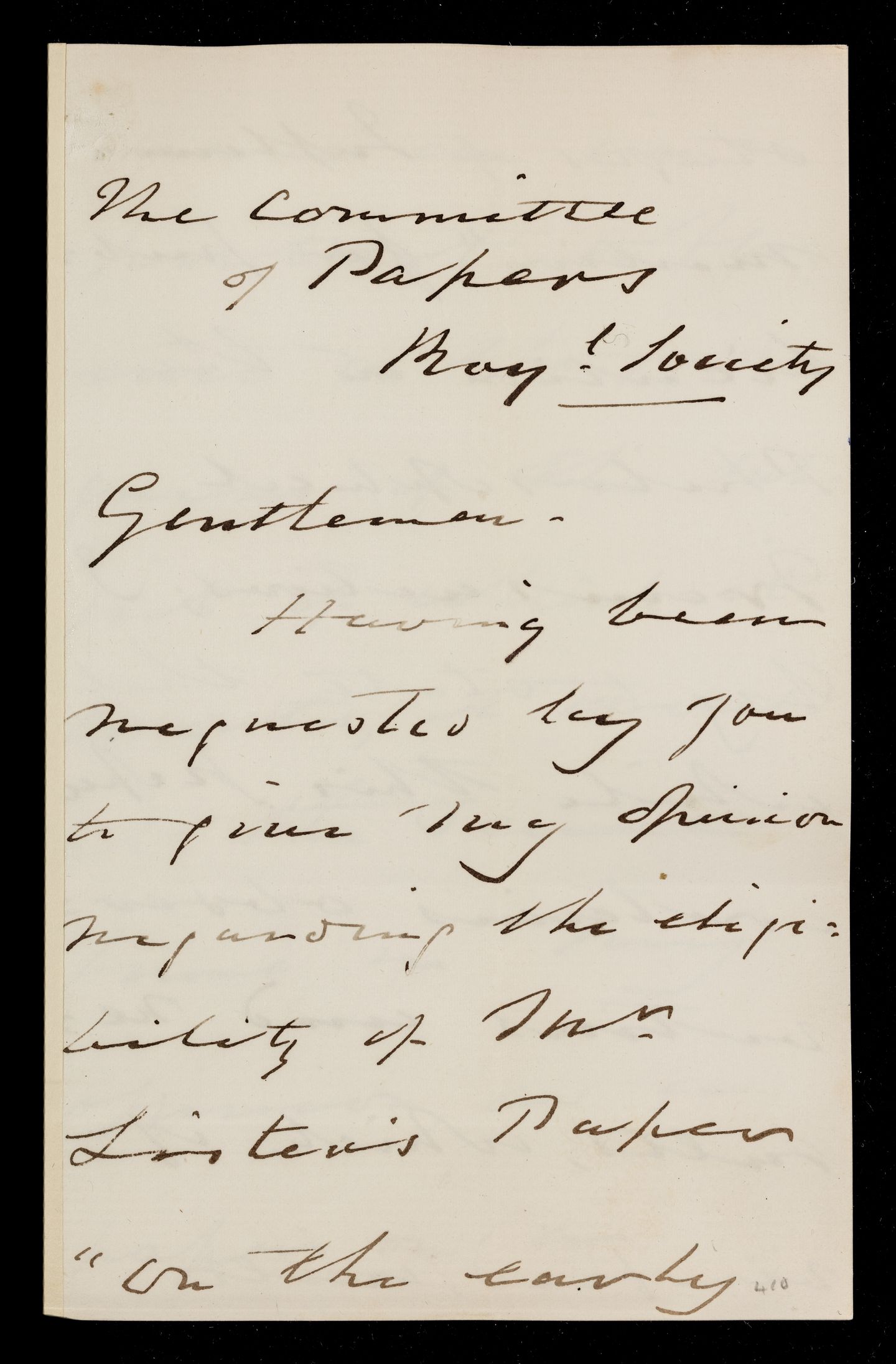 Referee's report by John Goodsir, on a paper 'On the early stages of ...