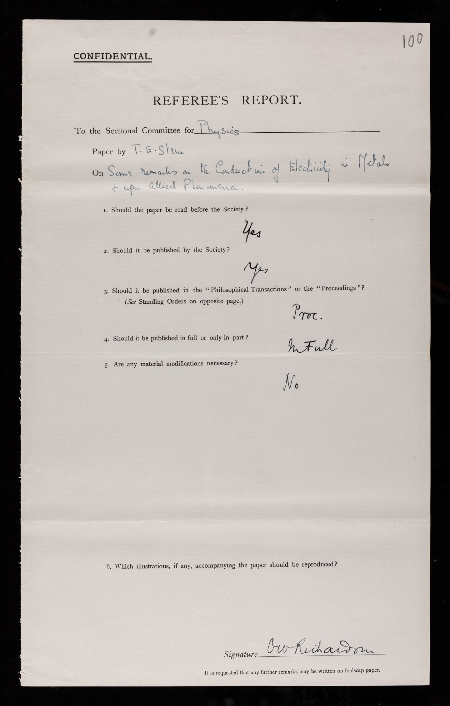 Referee's report by Owen Willans Richardson, on a paper 'Some remarks ...