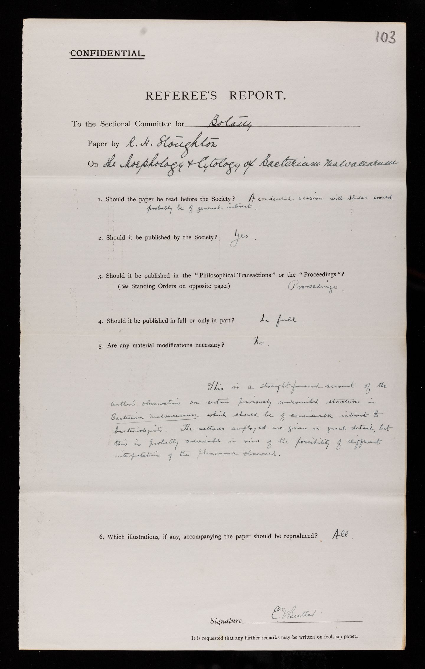 Referee's report by Edwin John Butler, on a paper 'The morphology and ...