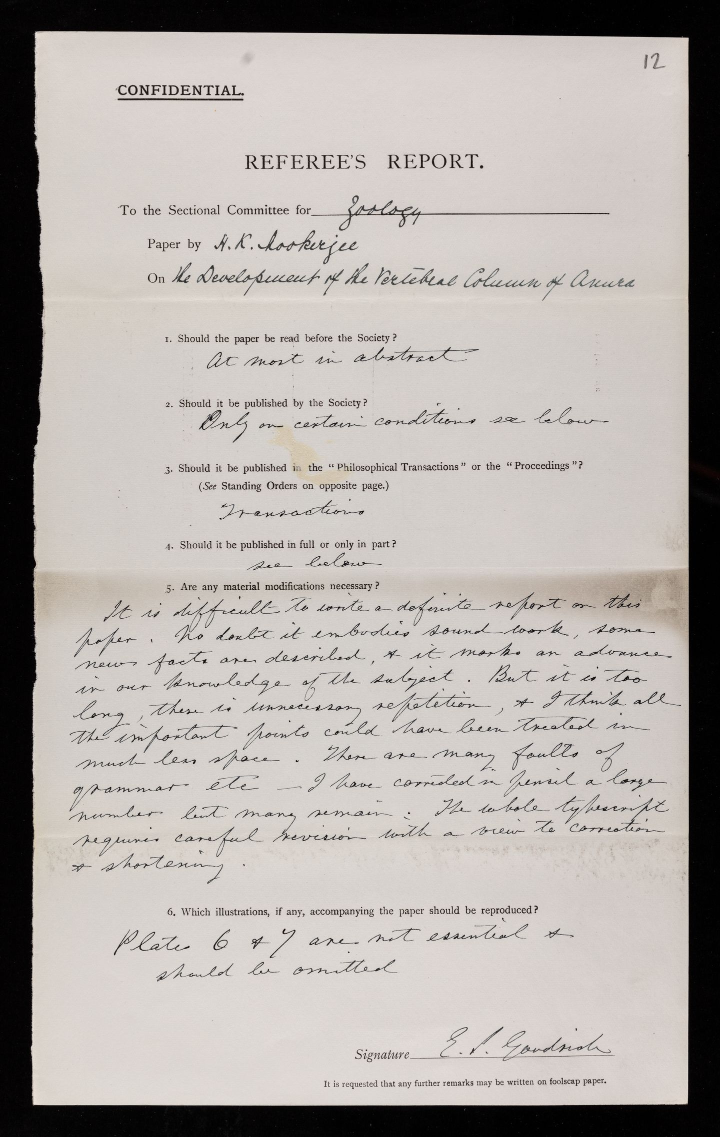 Referee's report by Edwin Stephen Goodrich, on a paper 'On the ...