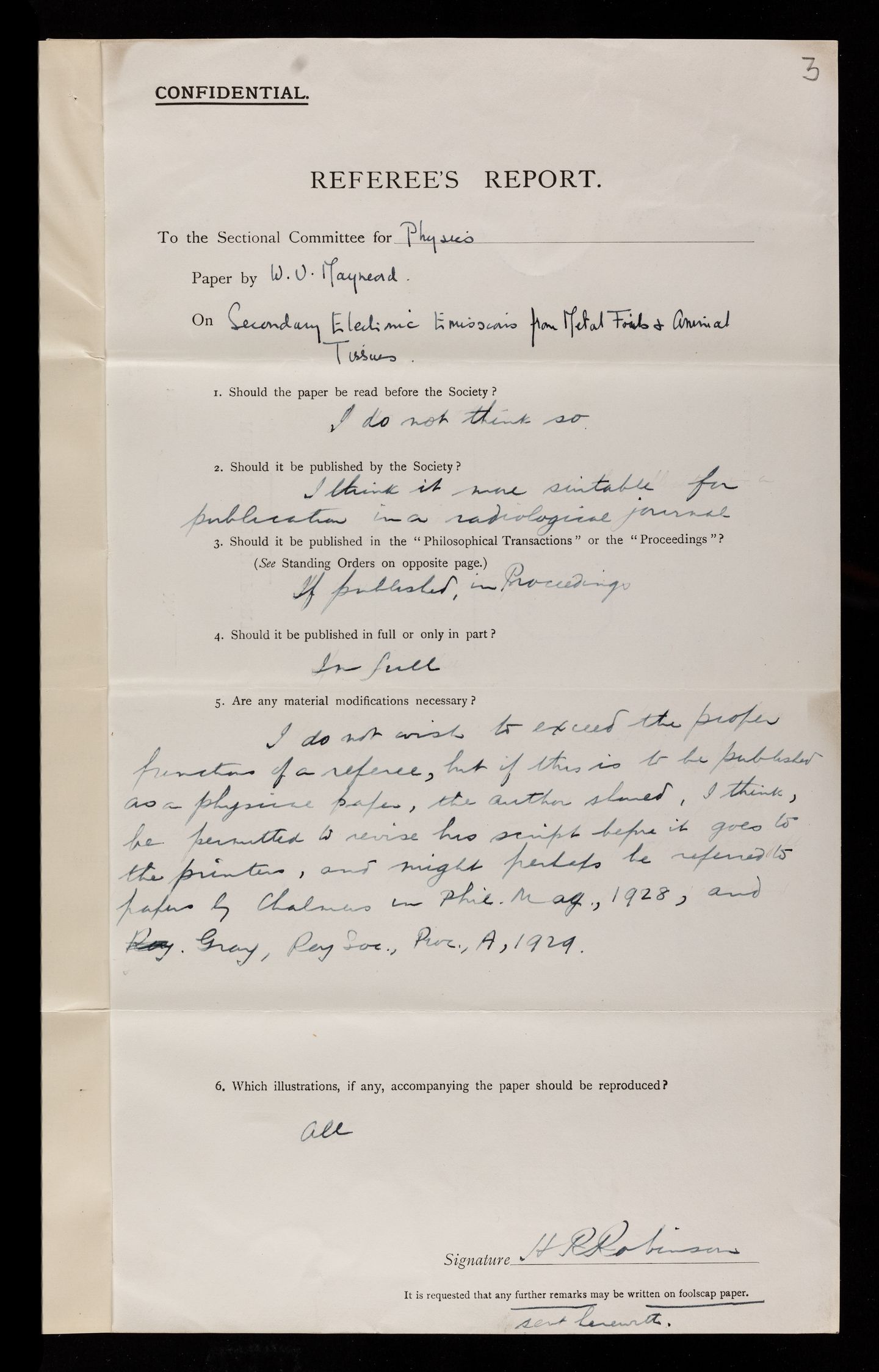 Referee's report by Harold Roper Robinson, on a paper 'Secondary ...