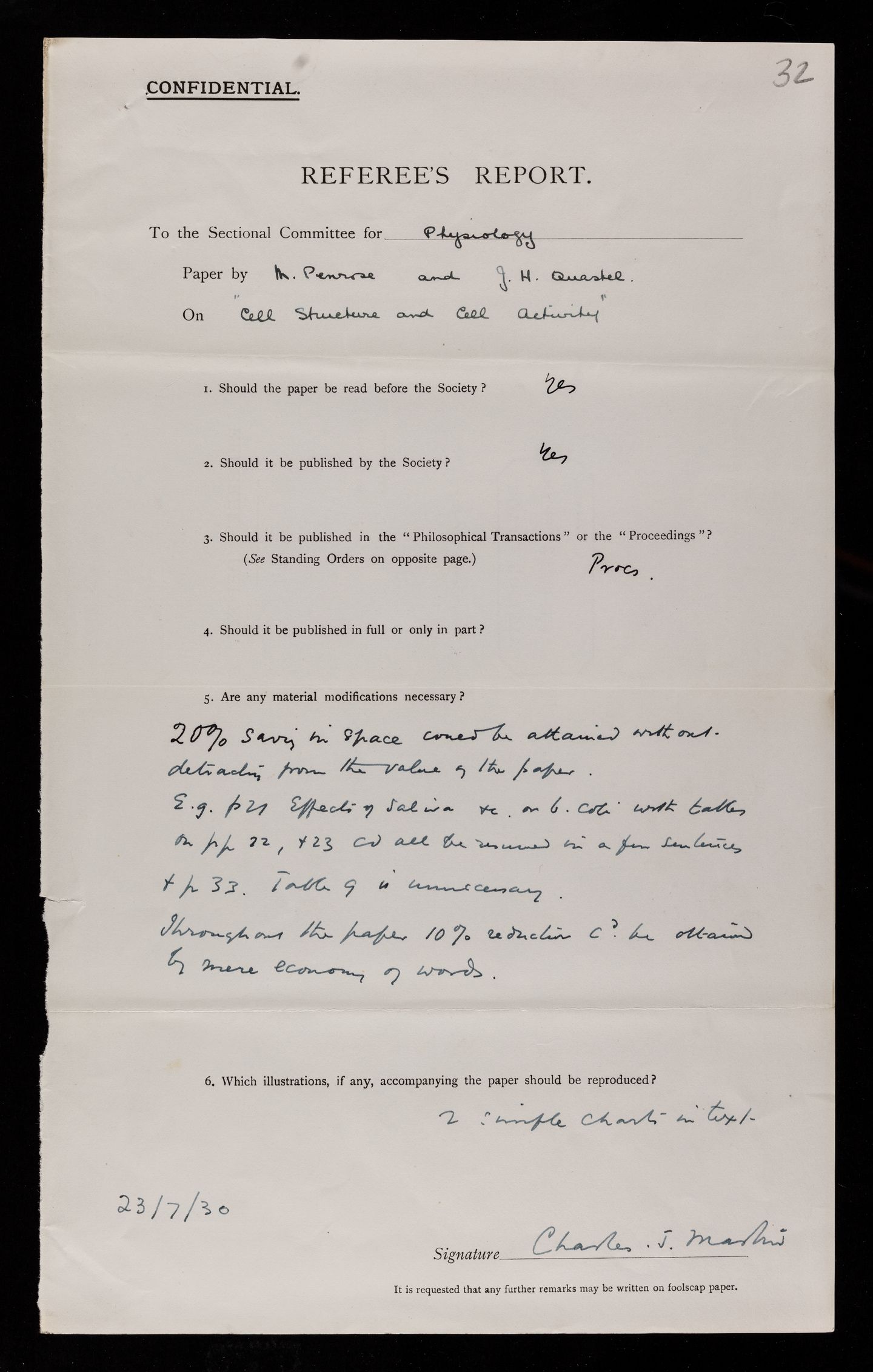 Referee's report by Charles James Martin, on a paper 'Cell structure ...