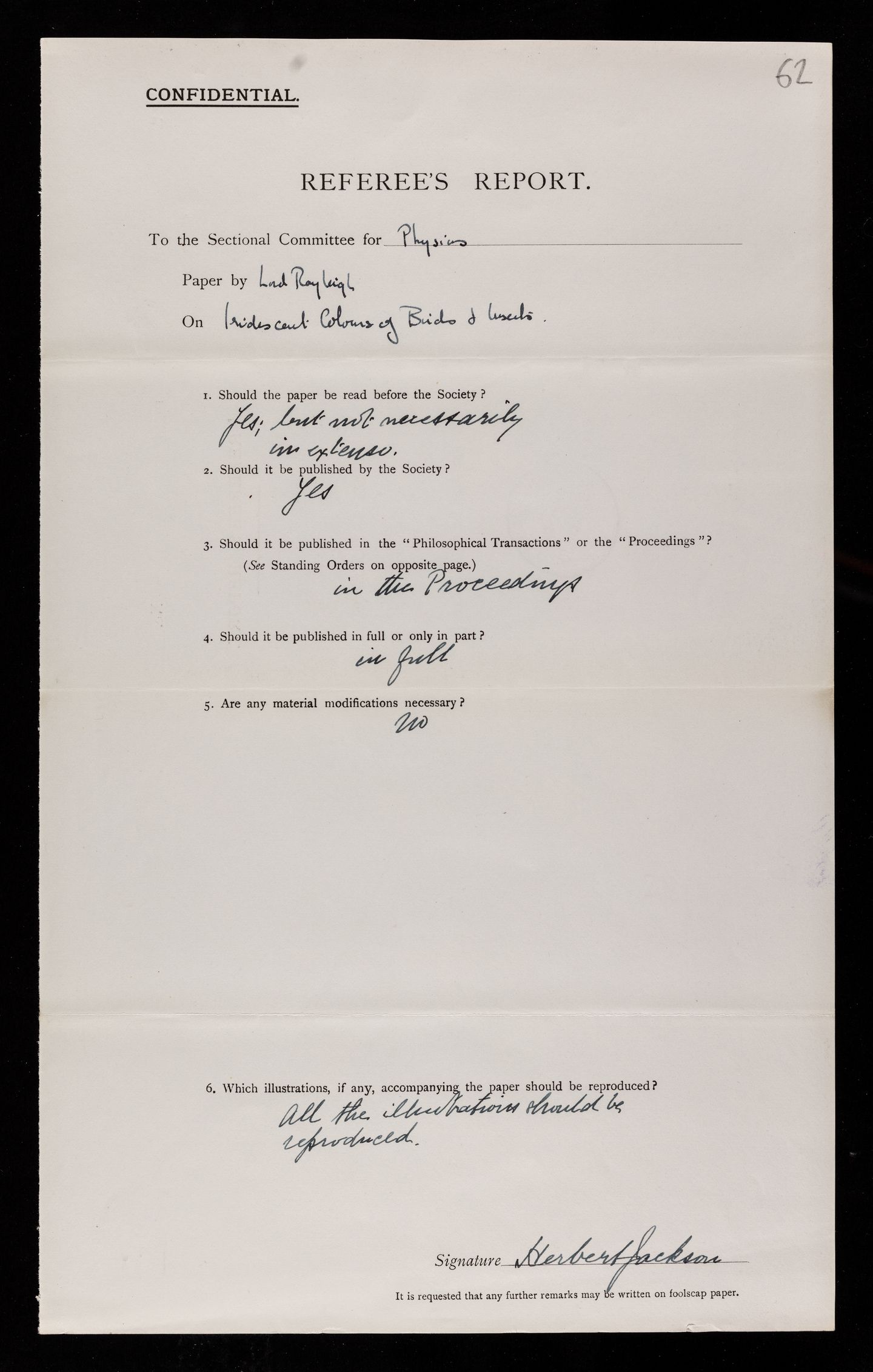 Referee's report by Herbert Jackson, on a paper 'The iridescent colours of birds and insects' by ...