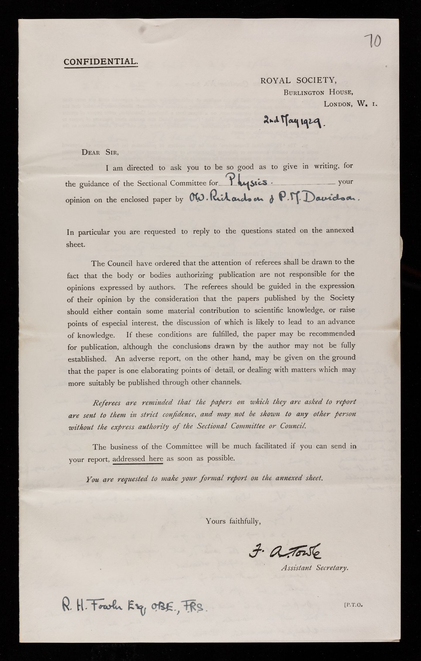 Referee's report by Alfred Fowler, on two papers 'The energy functions ...