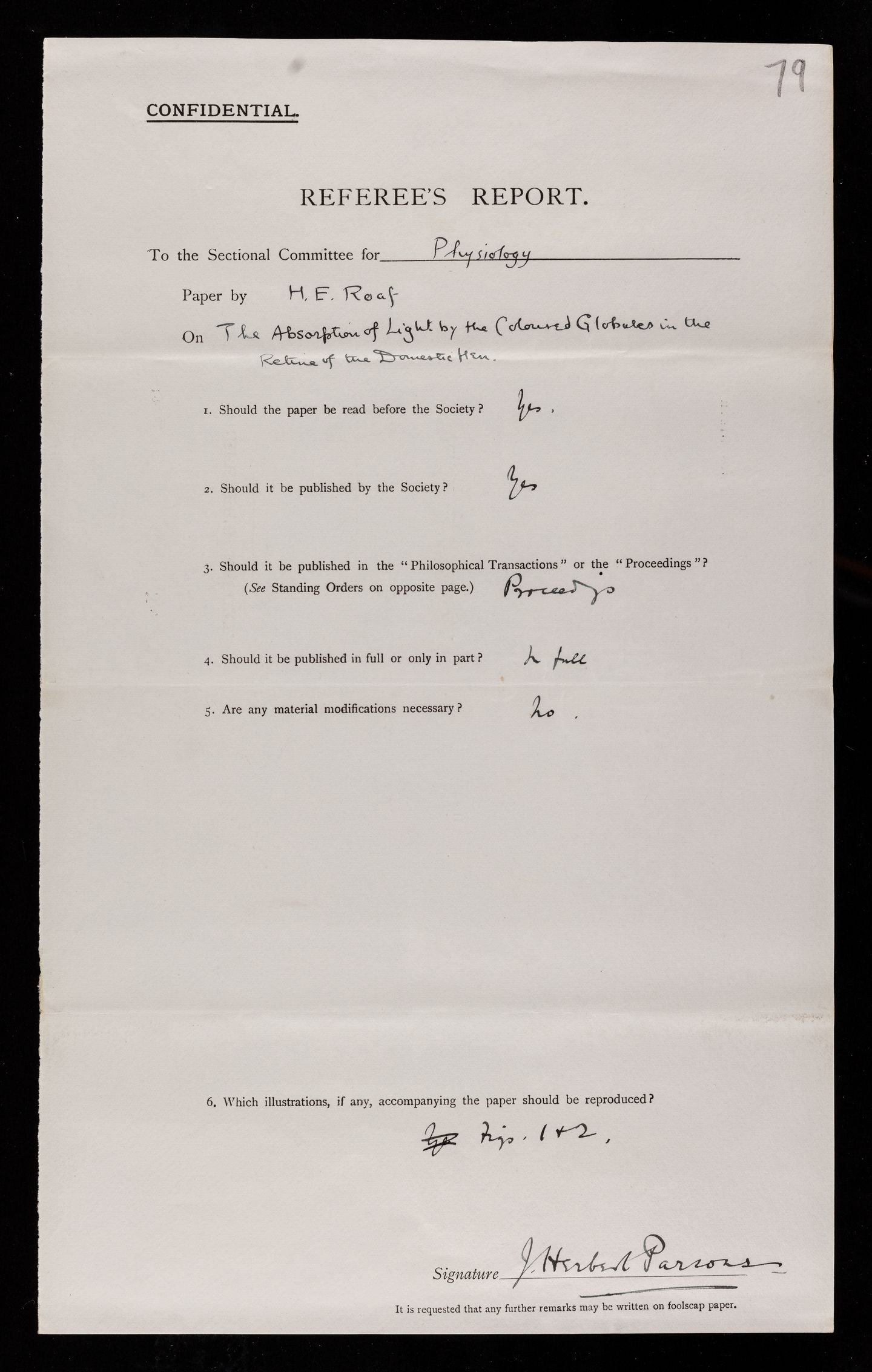 Referee's report by John Herbert Parsons, on a paper 'The absorption of light by the coloured ...