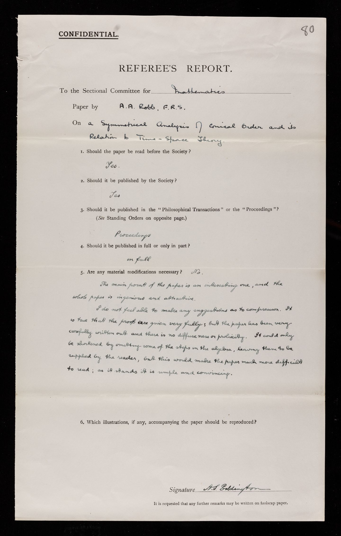 Referee's report by Arthur Stanley Eddington, on a paper 'On a ...