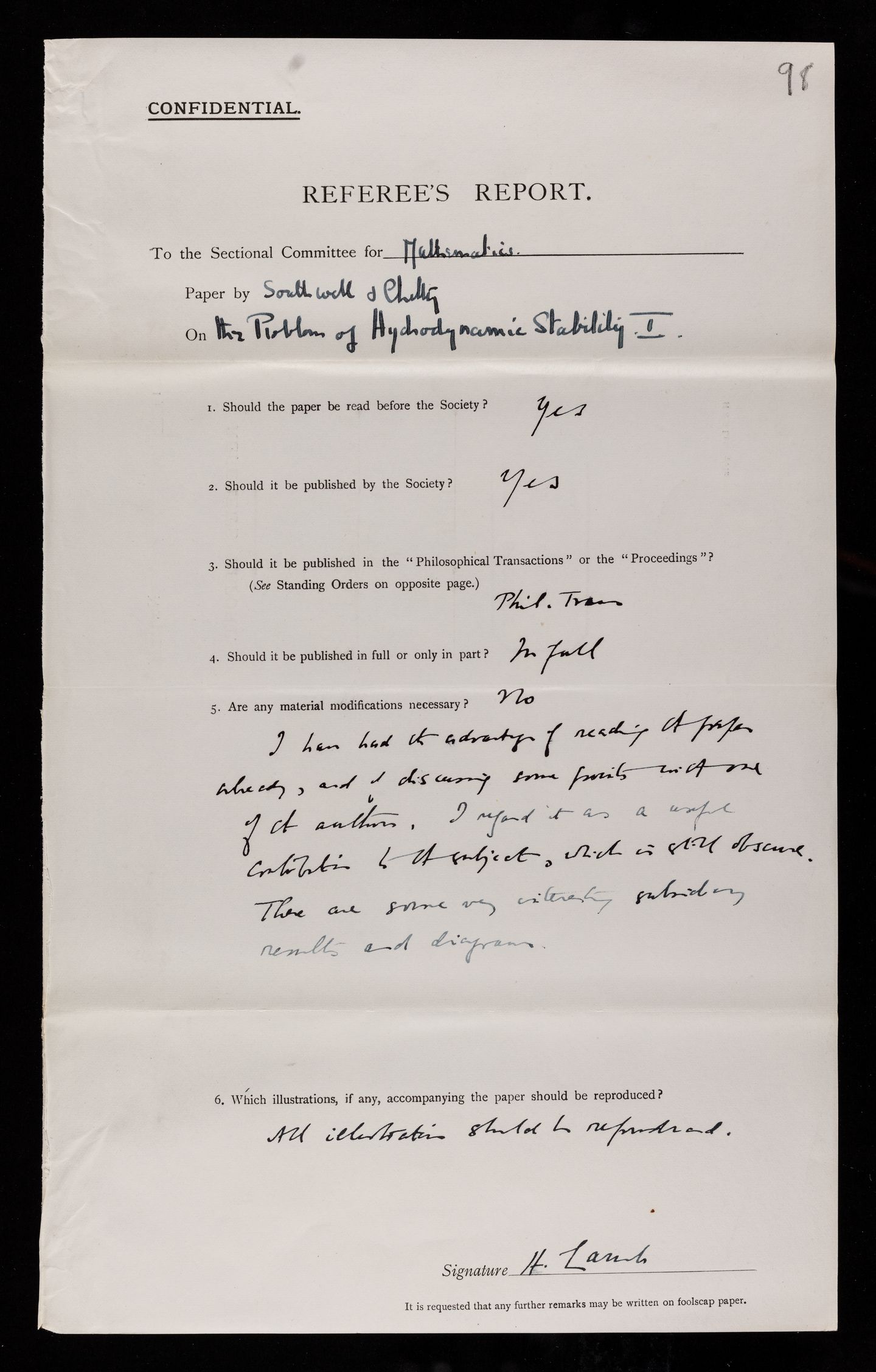 Referee's report by Horace Lamb, on a paper 'On the problem of ...