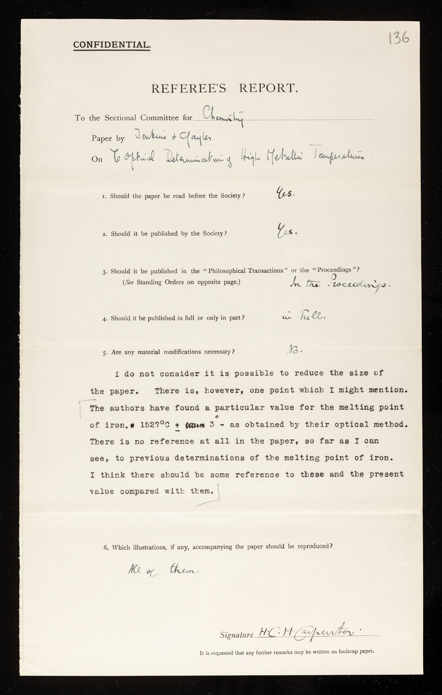 Referee's report by Henry Cort Harold Carpenter, on a paper 'The ...