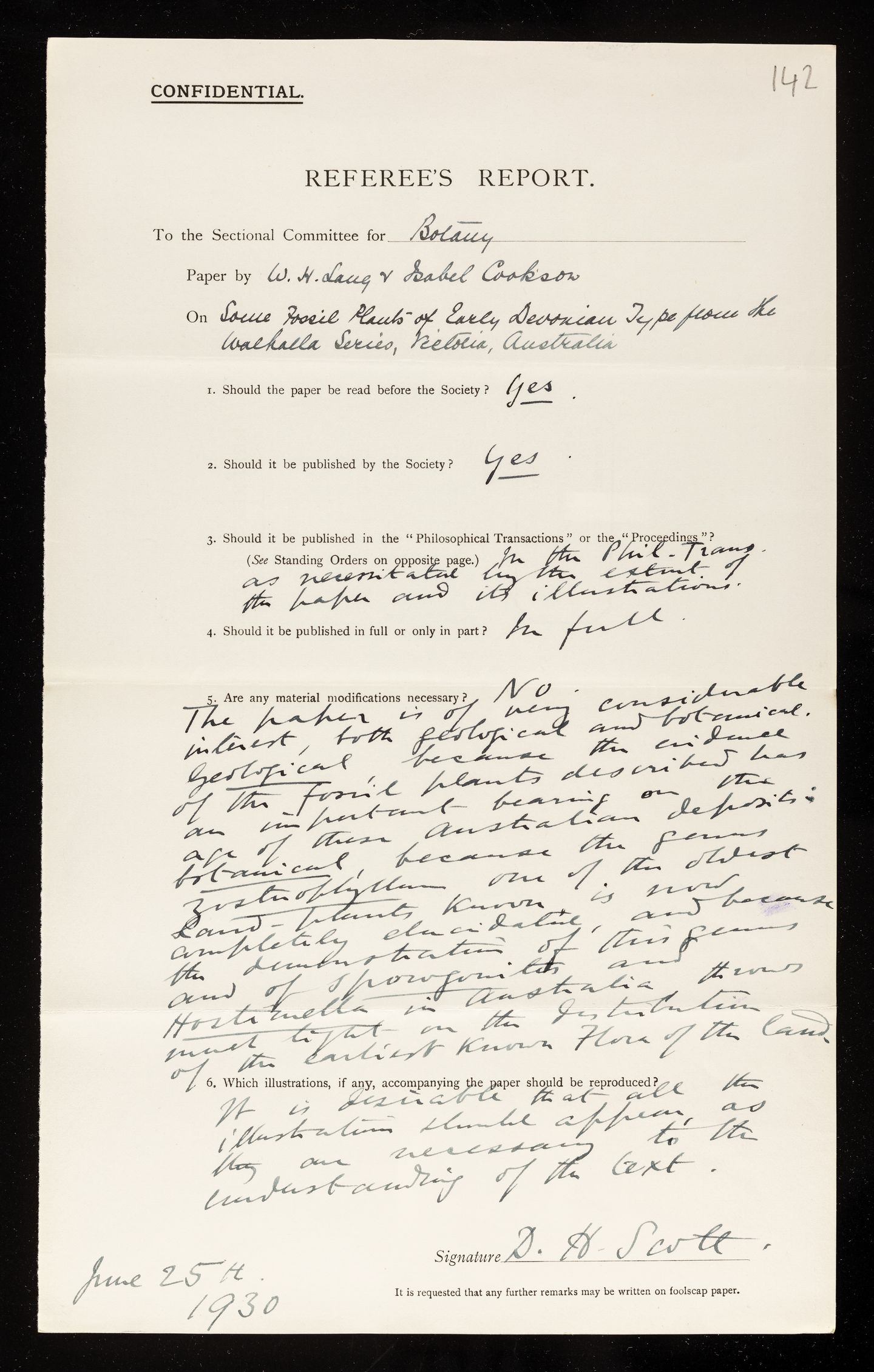 Referee's report by Dukinfield Henry Scott, on a paper 'Some fossil ...