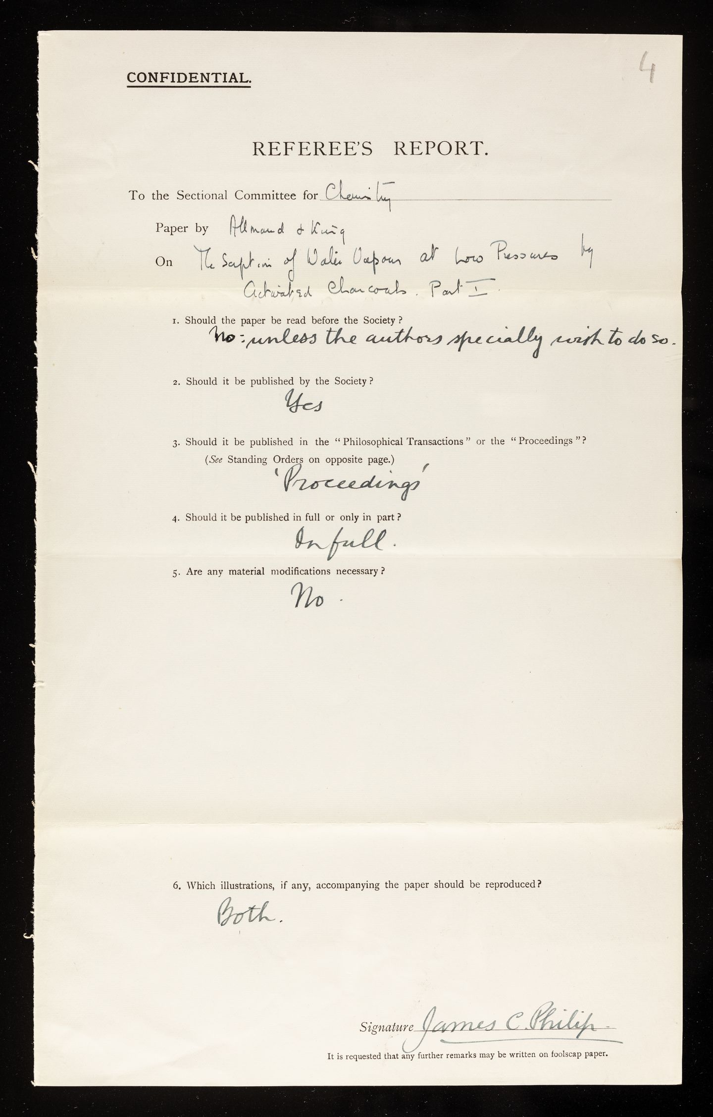 Referee's report by James Charles Philip, on a paper 'The sorption of ...