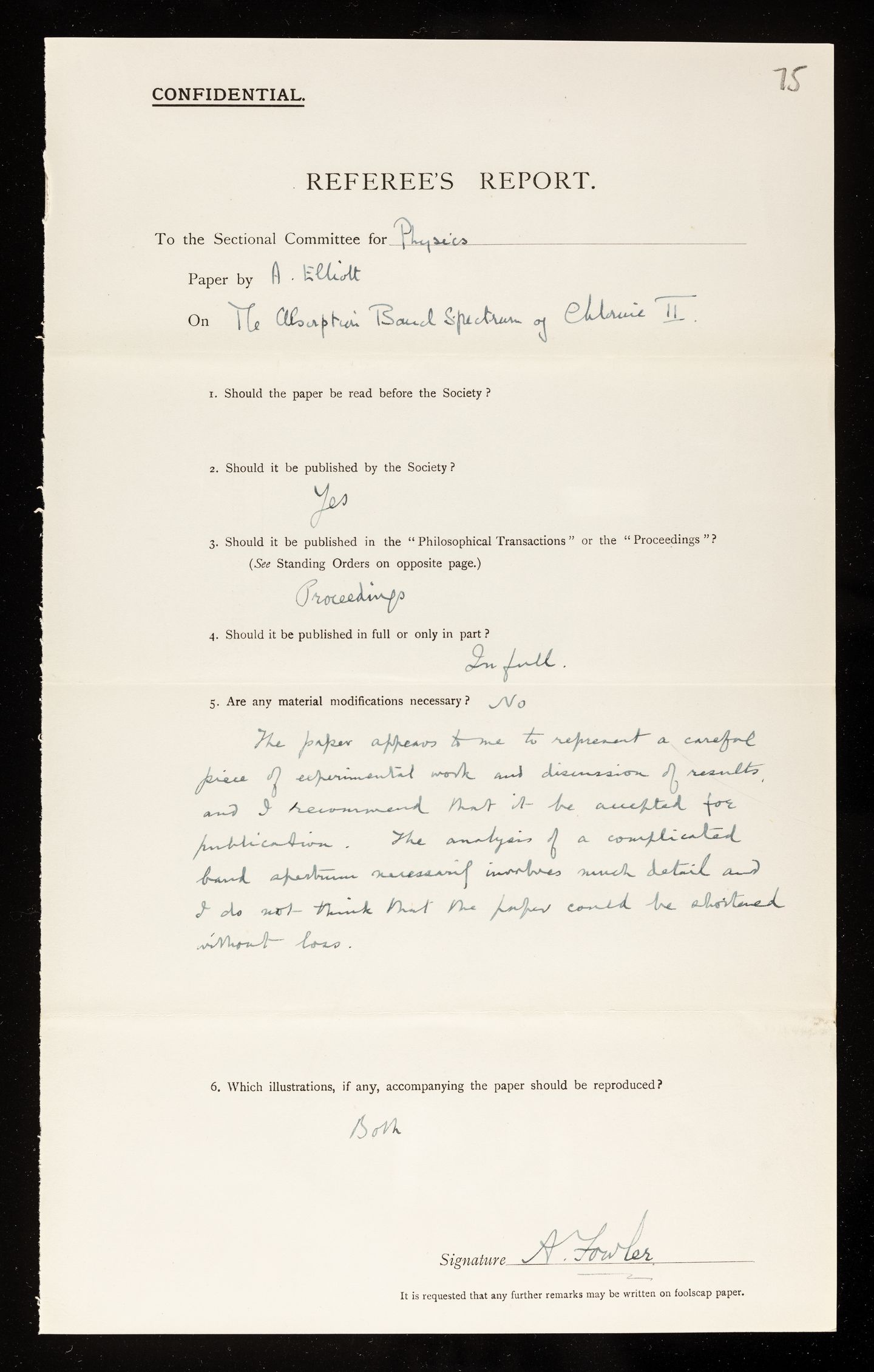 Referee's report by Alfred Fowler, on a paper 'The absorption band ...