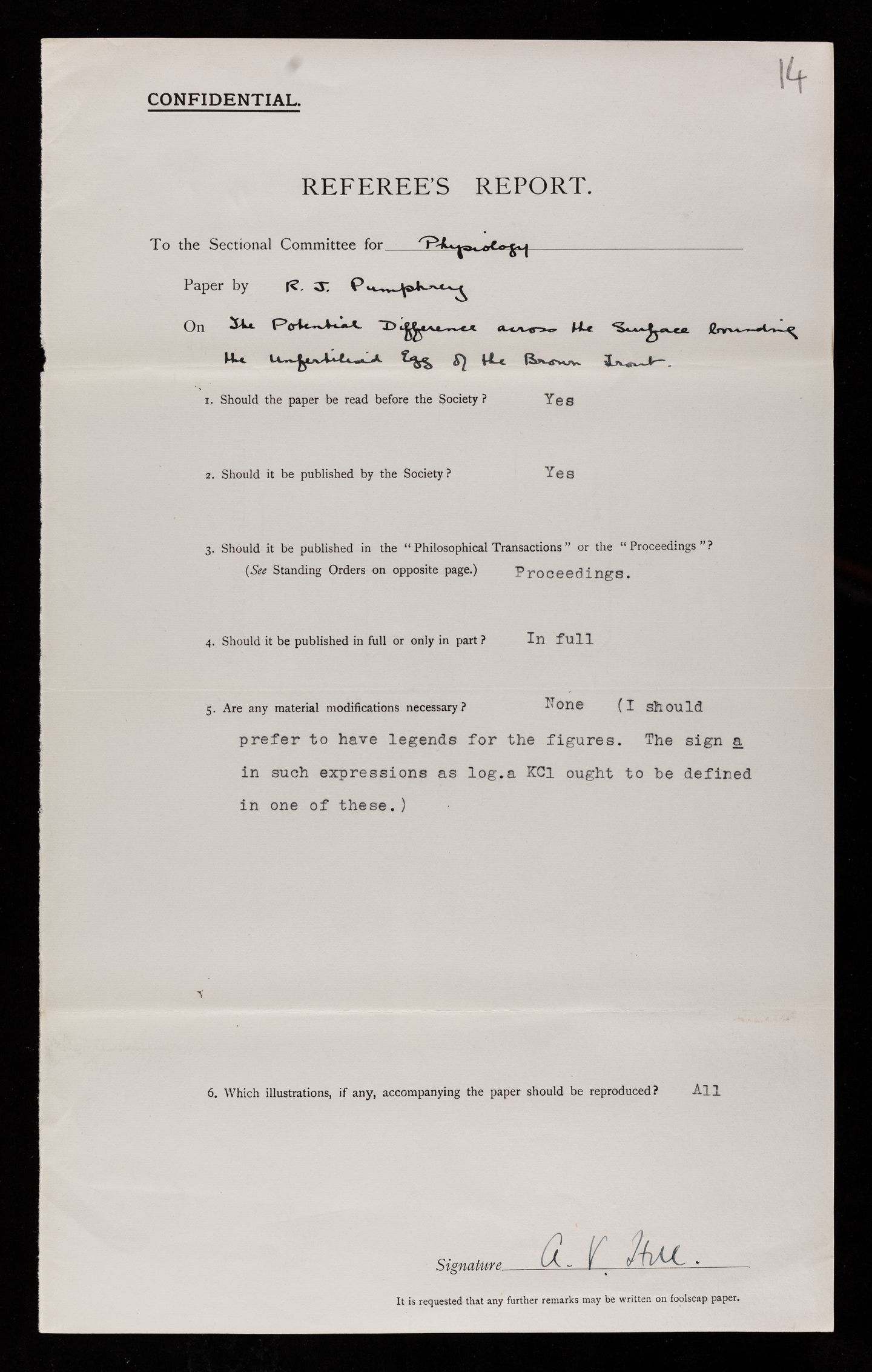 Referee's report by Archibald Vivian Hill, on a paper 'The potential difference across the ...