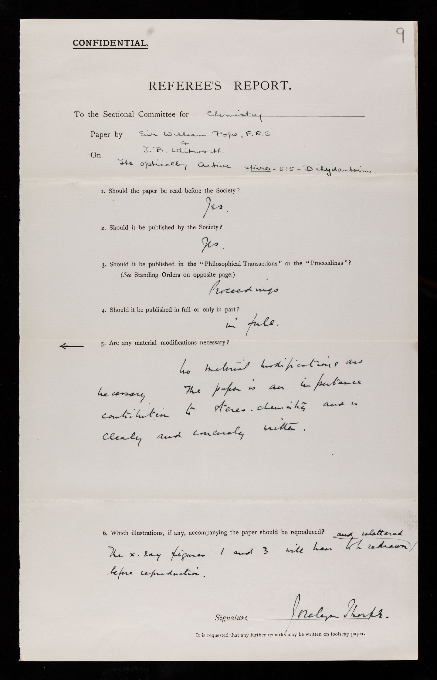 Referee's report by Jocelyn Field Thorpe, on a paper 'Optically Active Di- and Tetra-methyl ...