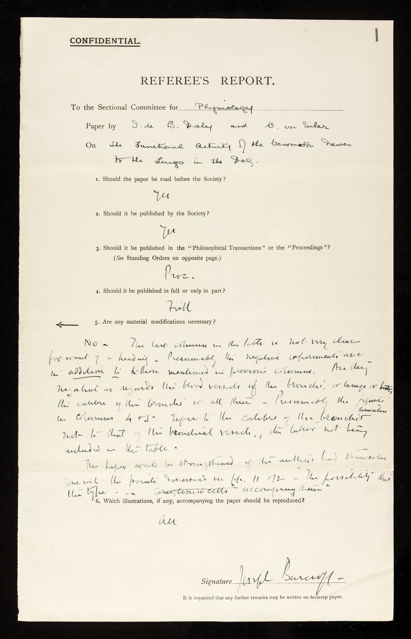 Referee's report by Joseph Barcroft, on a paper 'The functional ...