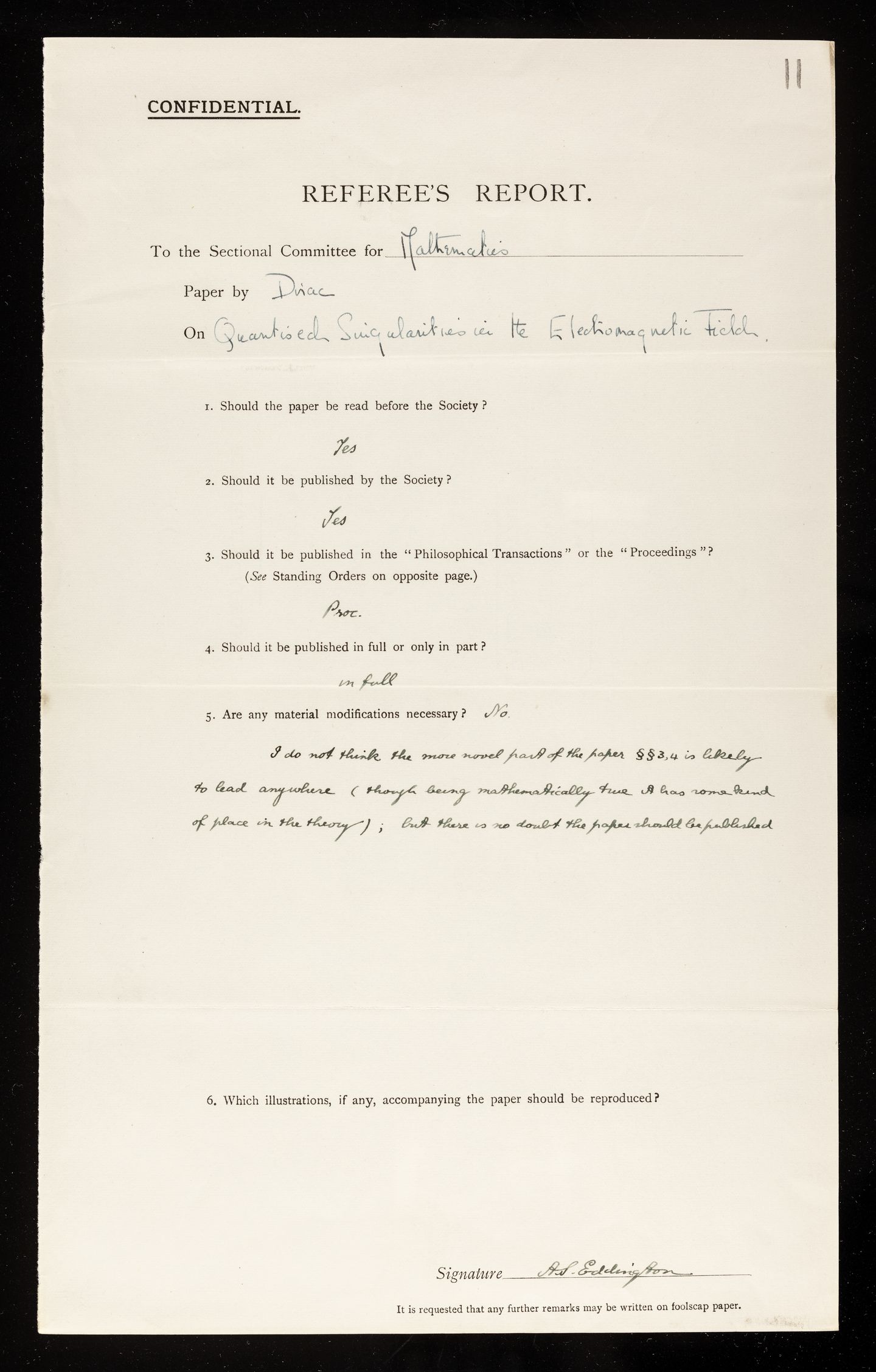 Referee's report by Arthur Stanley Eddington, on a paper 'Quantised ...