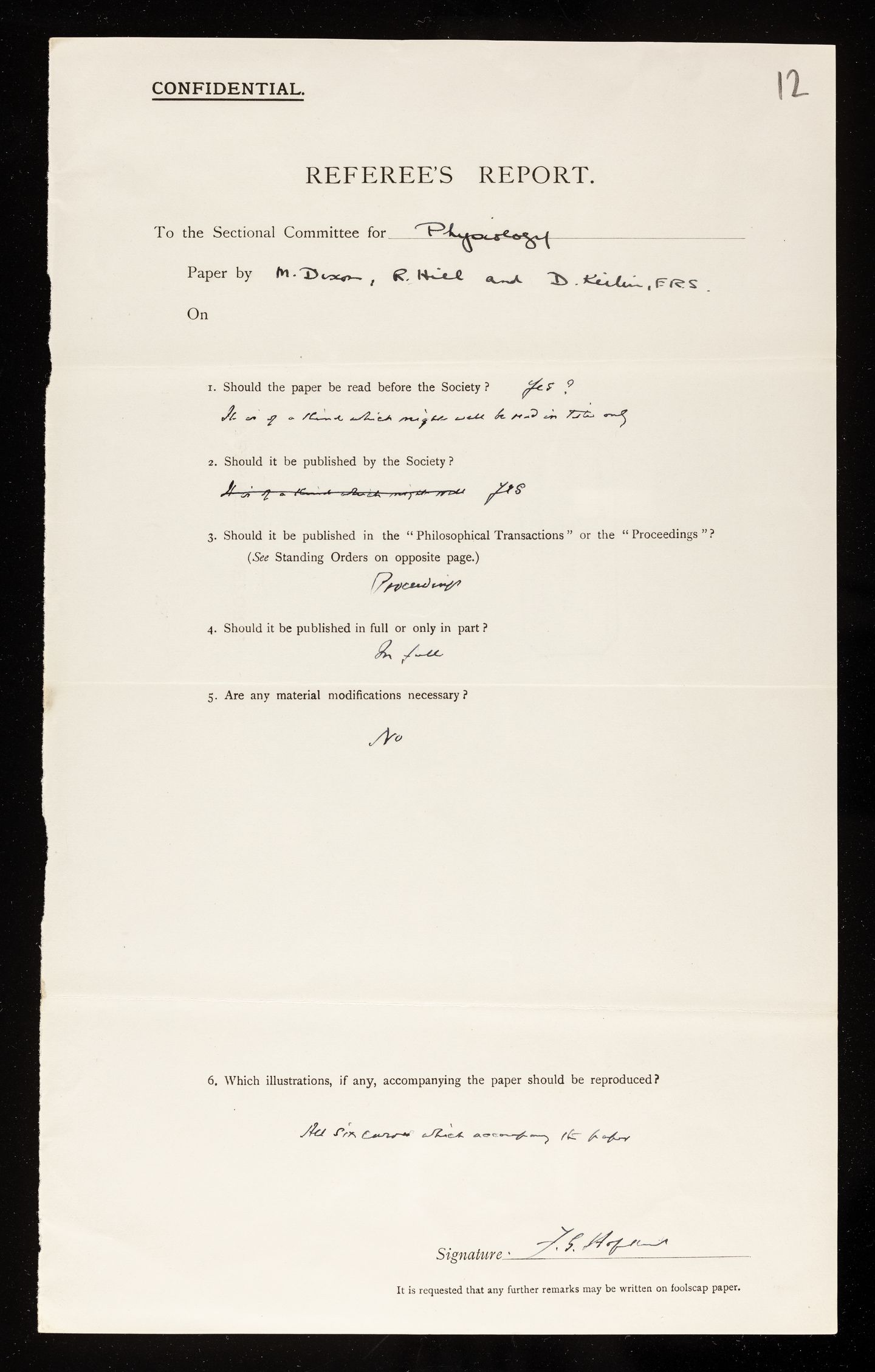 Referee's report by Frederick Gowland Hopkins, on a paper 'The ...