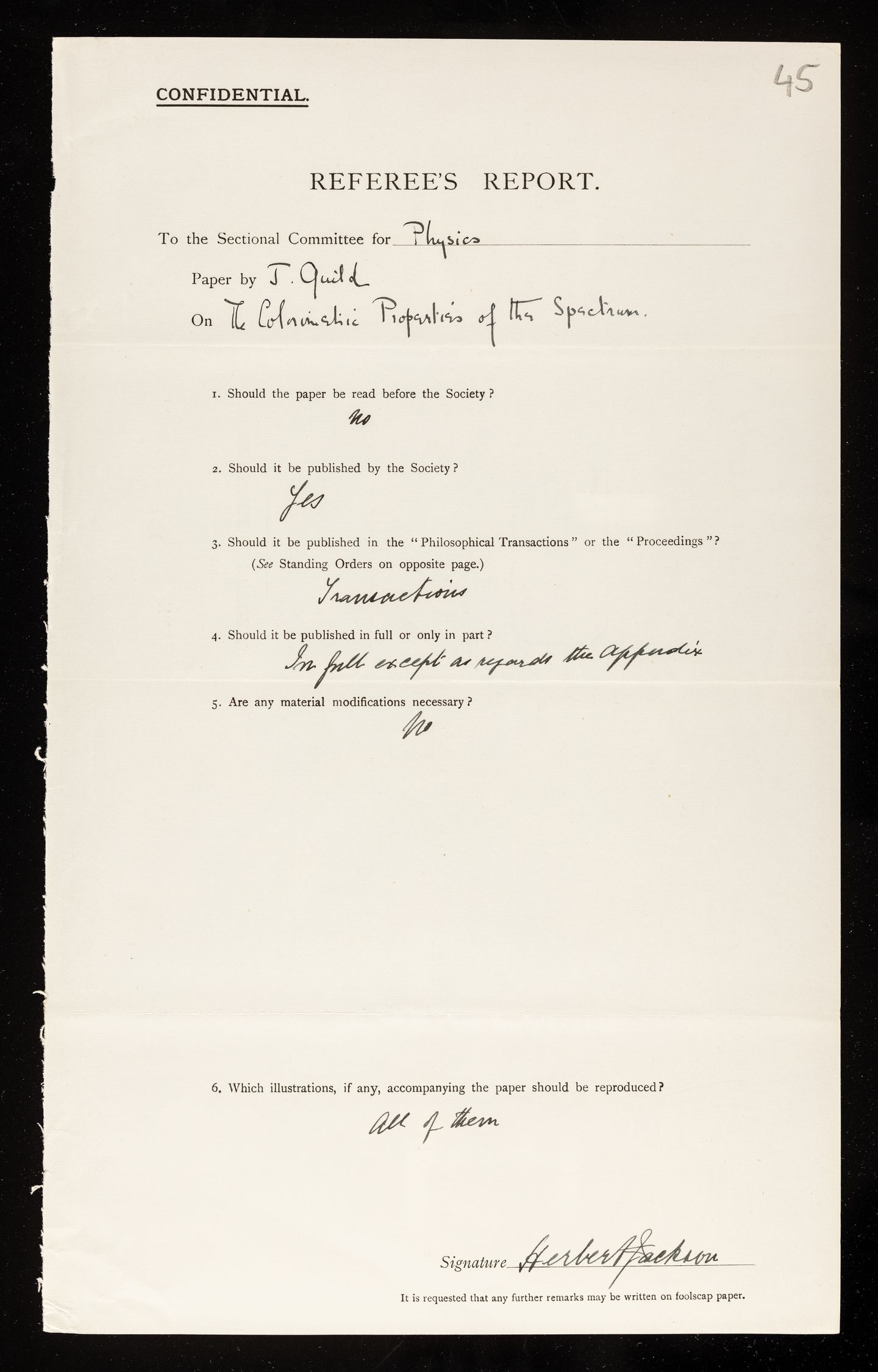 Referee's report by Herbert Jackson, on a paper 'The colorimetric properties of the spectrum' by ...