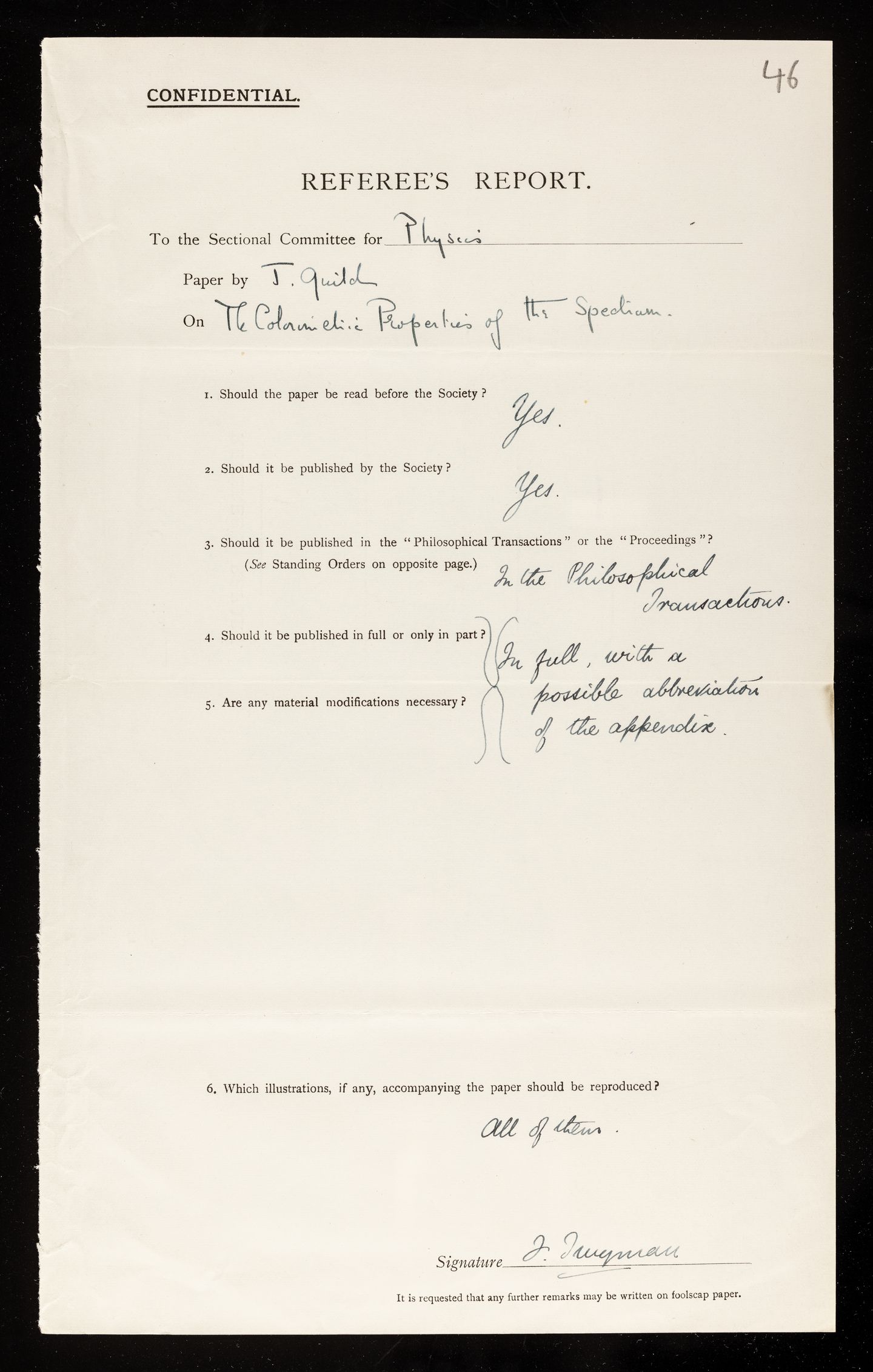 Referee's report by Frank Twyman, on a paper 'The colorimetric properties of the spectrum' by J ...