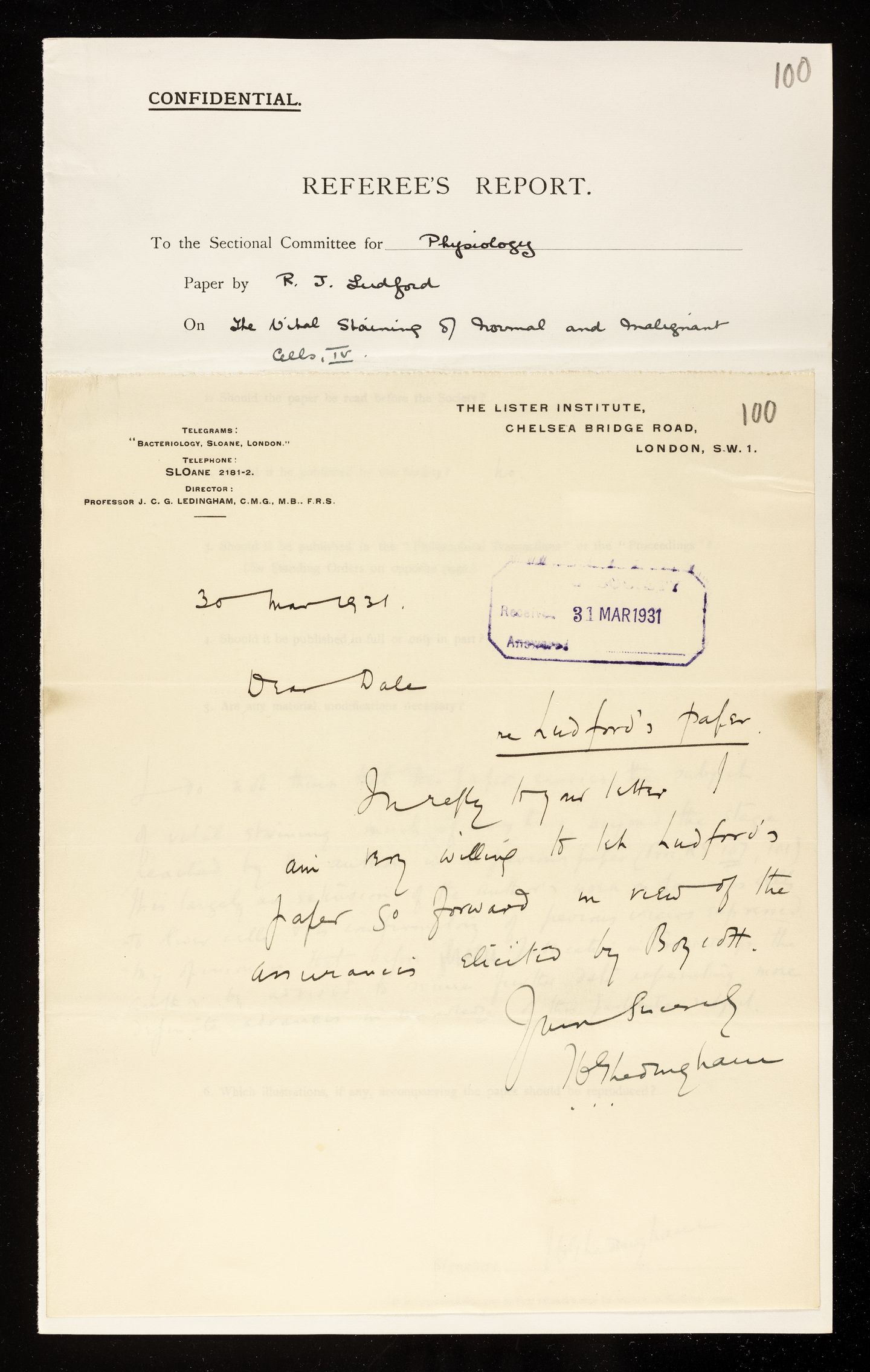 Referee's report by John Charles Grant Ledingham, on a paper 'The vital ...