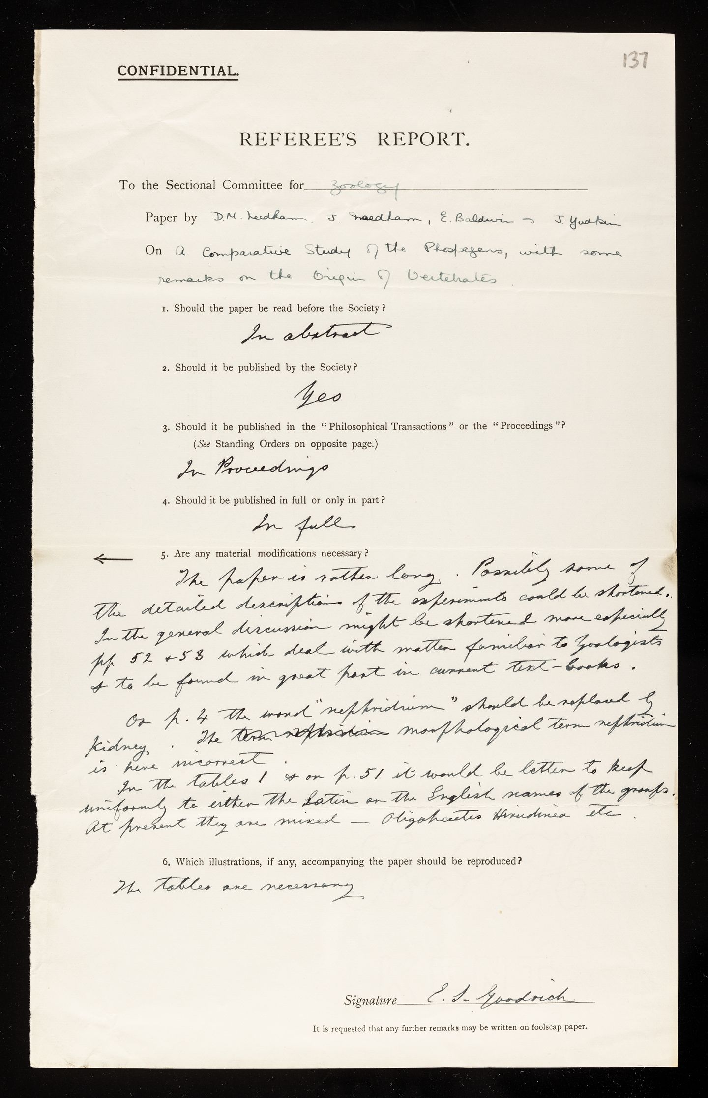 Referee's report by Edwin Stephen Goodrich, on a paper 'A comparative ...
