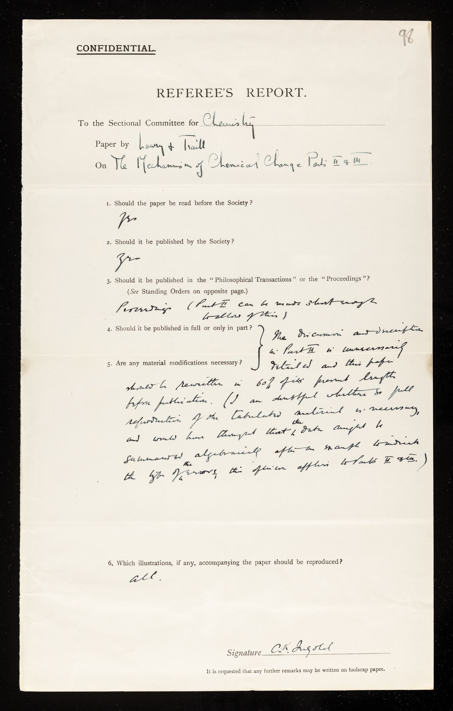 Referee's report by Christopher Kelk Ingold, on two papers 'The ...