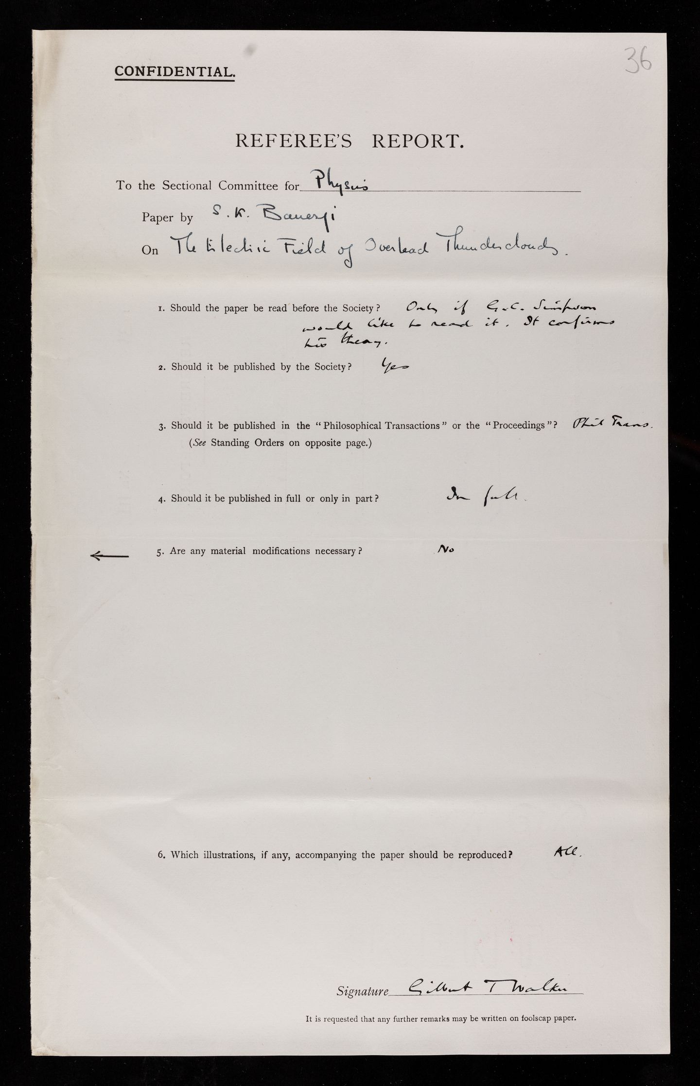 Referee's report by Gilbert Thomas Walker, on a paper 'The electric ...