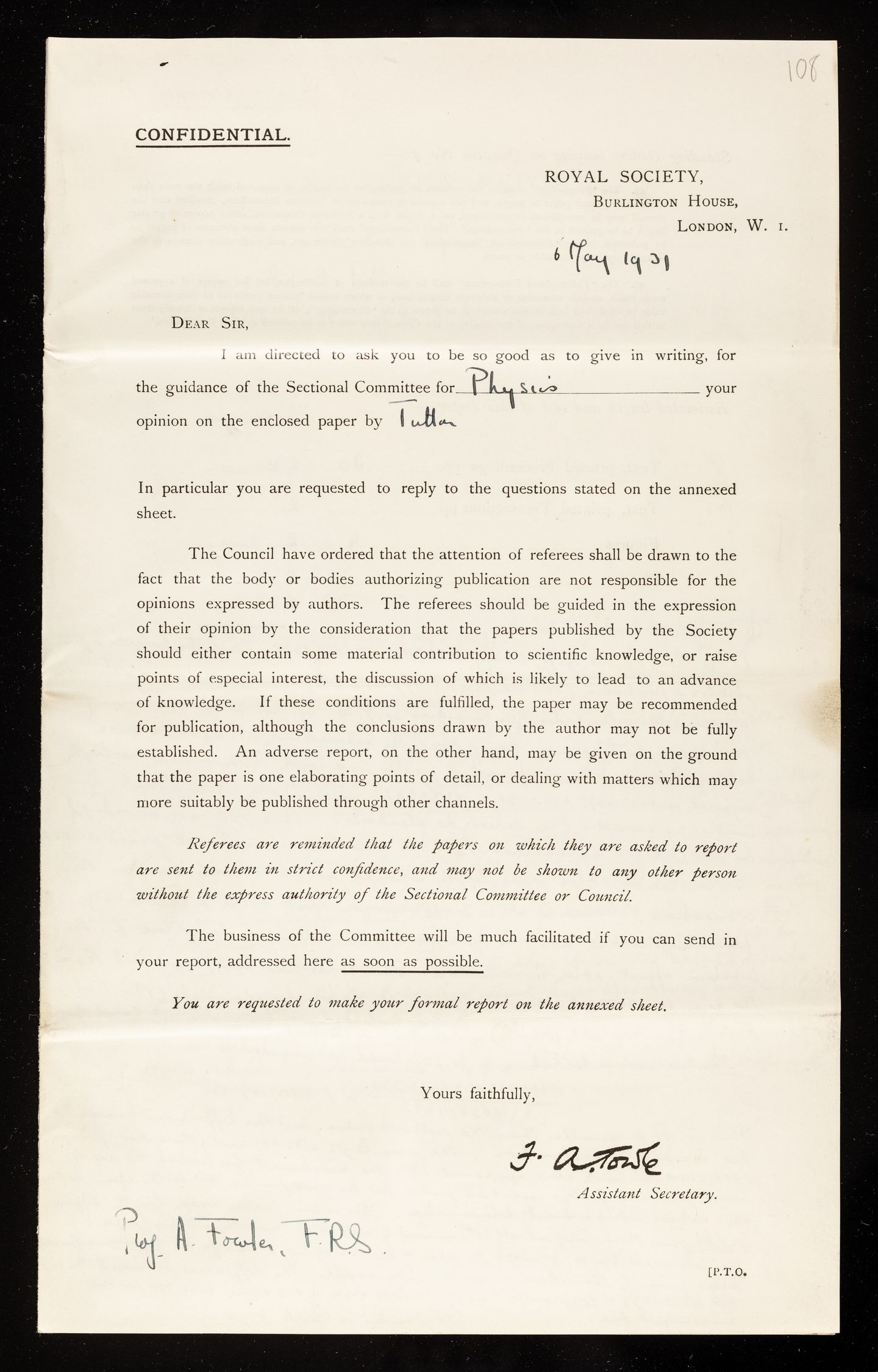 Referee's report by Alfred Fowler, on a paper 'Determination of the ...