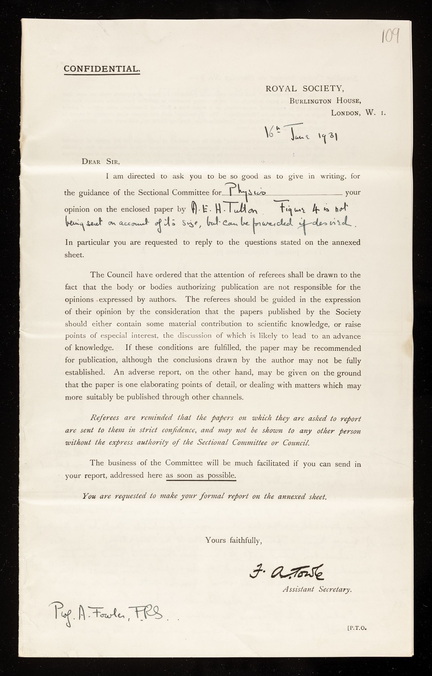 Second referee's report by Alfred Fowler, on a paper 'Determination of ...