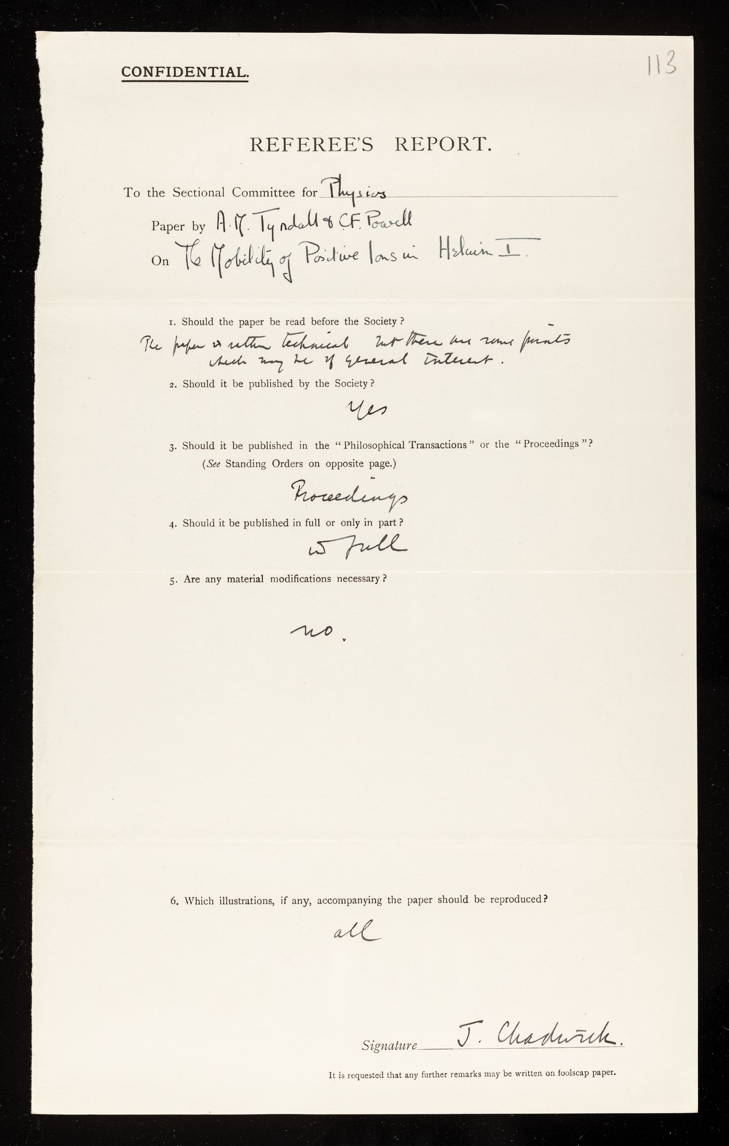 Referee's report by James Chadwick, on a paper 'The mobility of ...