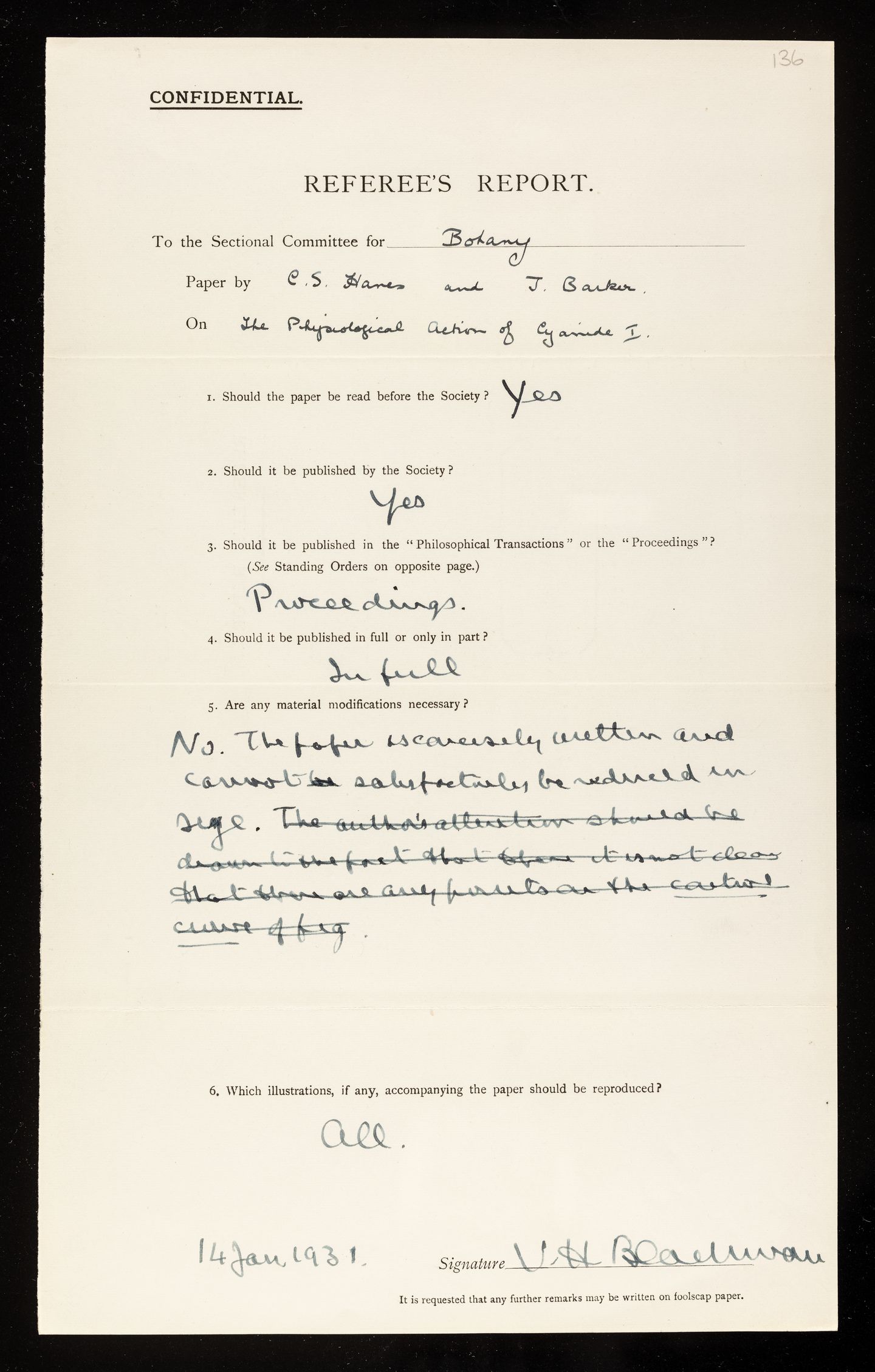Referee's report by Vernon Herbert Blackman, on a paper 'The physiological action of cyanide.—I ...