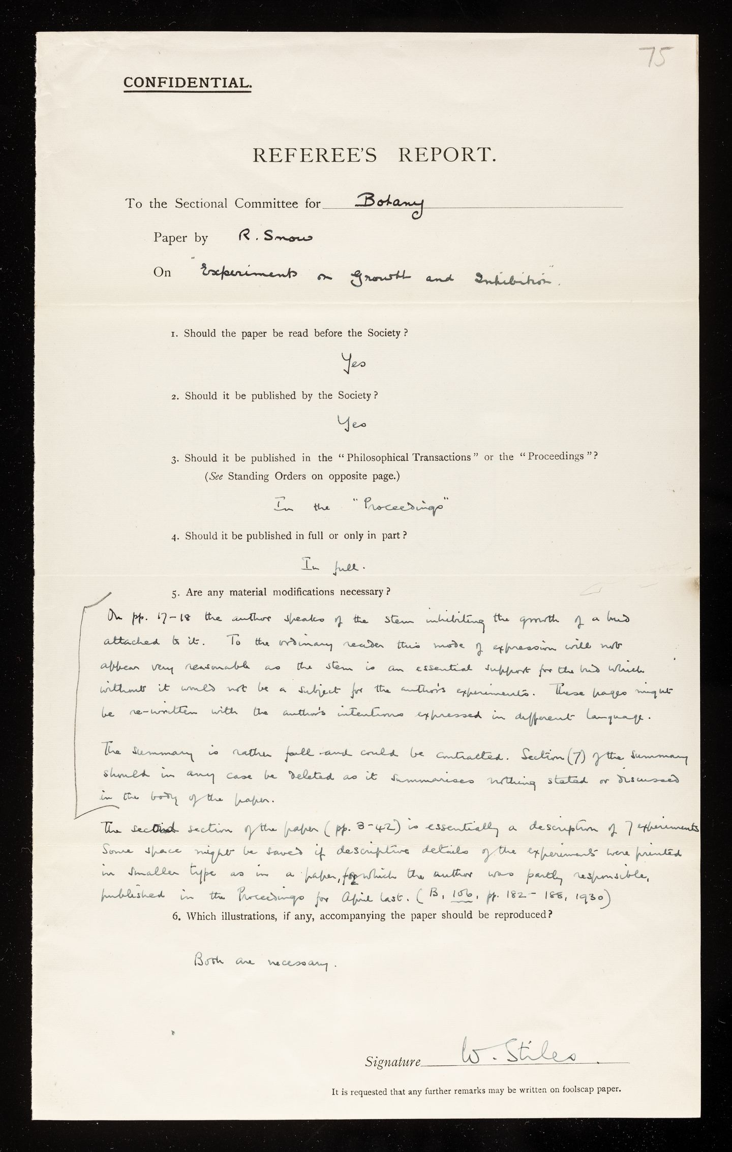 Referee's report by Walter Stiles, on a paper 'Experiments on growth and inhibition. I.—The ...