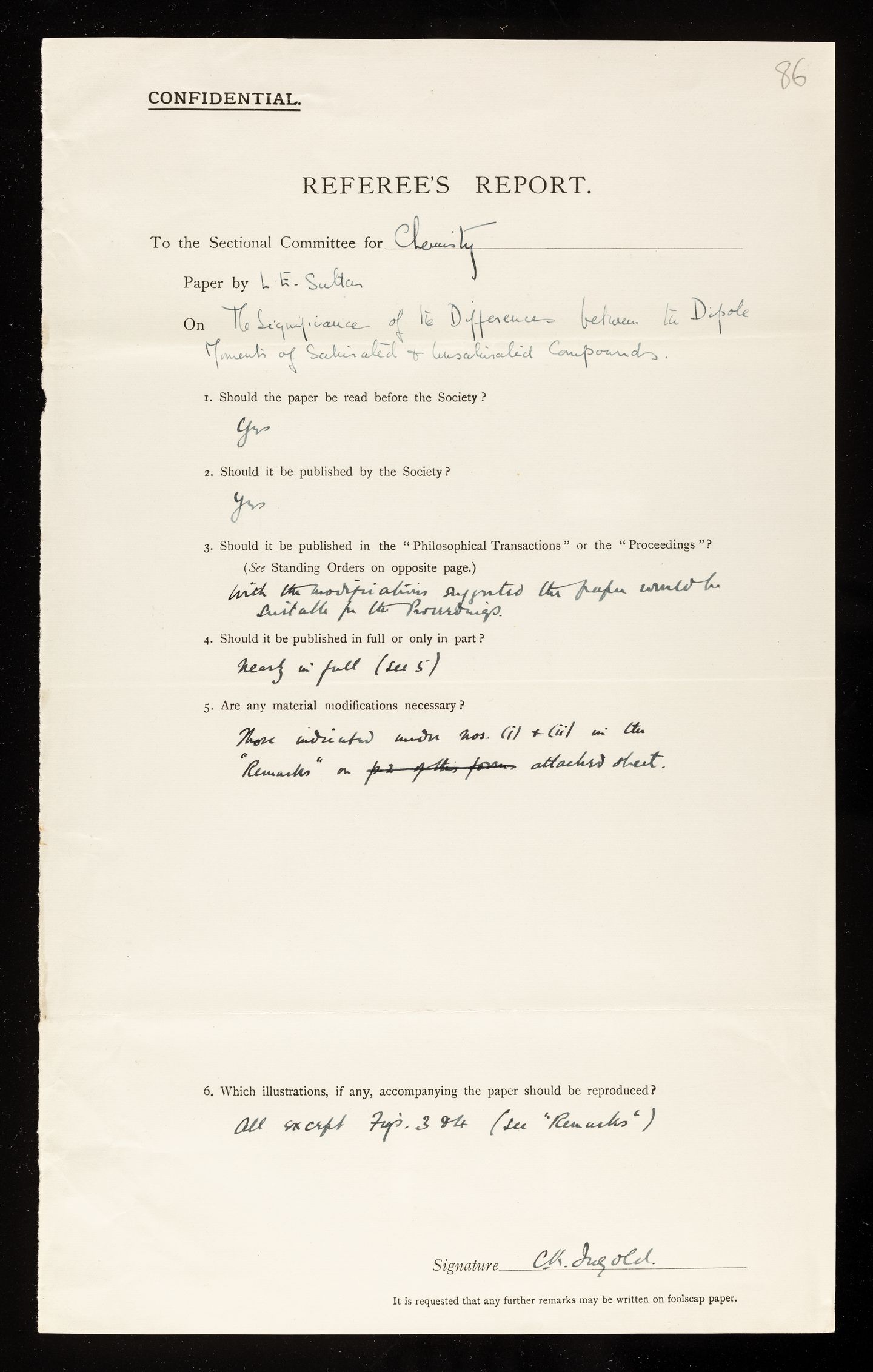 Referee's report by Christopher Kelk Ingold, on a paper 'The ...