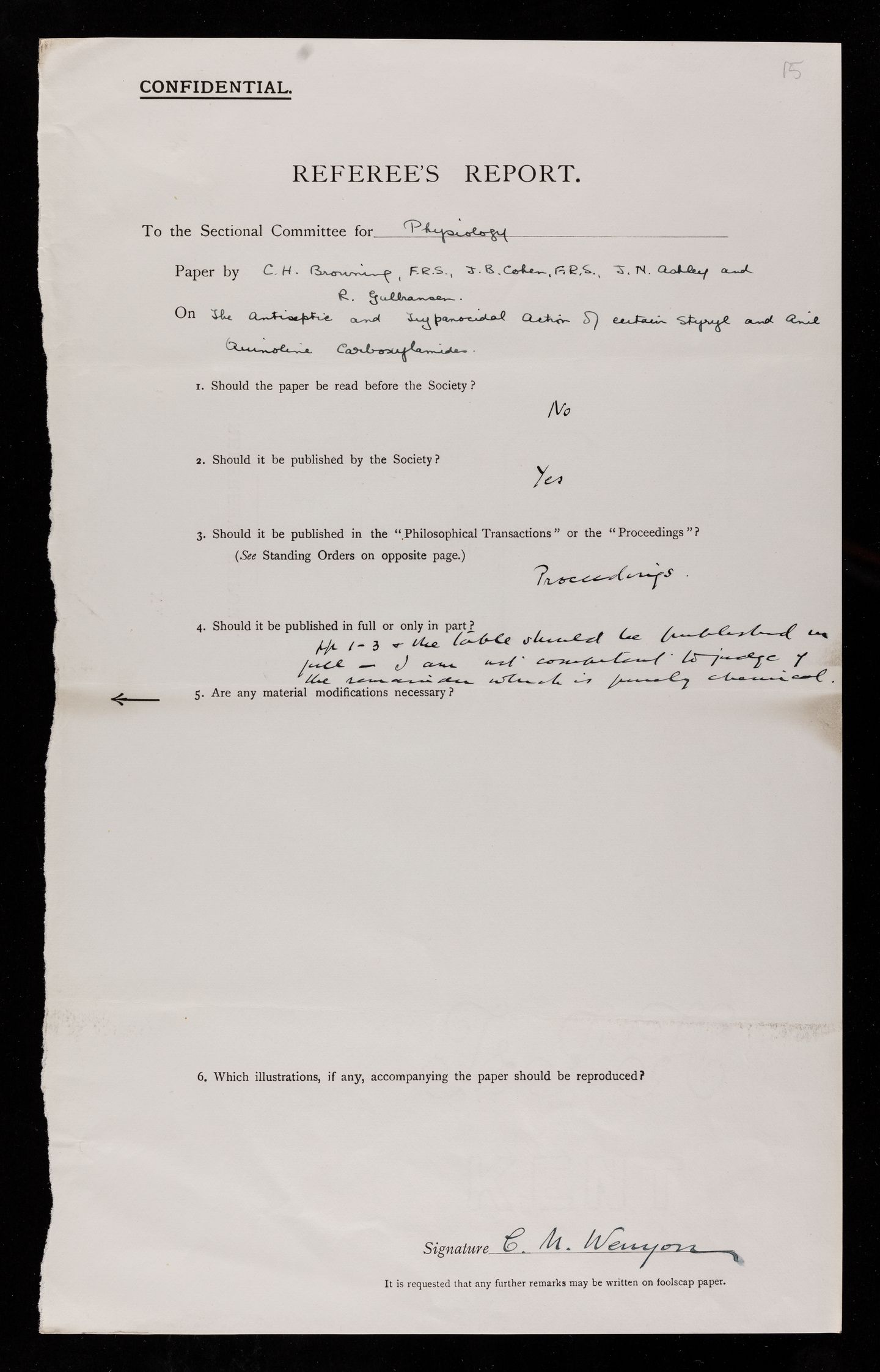 Referee's report by Charles Morley Wenyon, on a paper 'The antiseptic ...