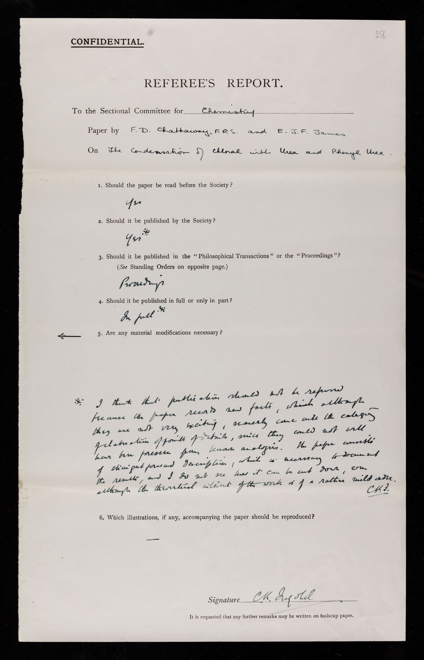 Referee's report by Christopher Kelk Ingold, on a paper 'The ...