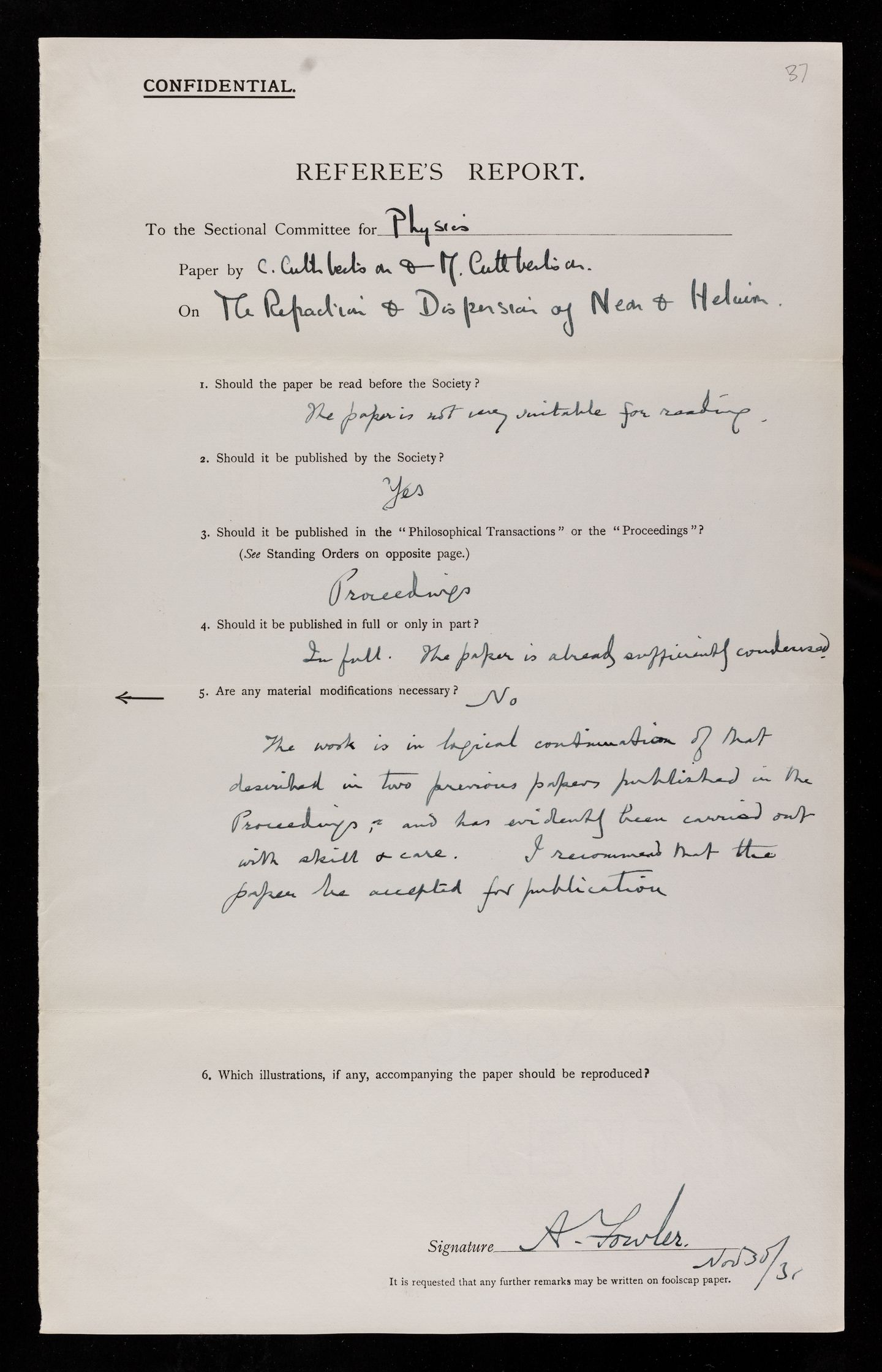 Referee's report by Alfred Fowler, on a paper 'The refraction and ...