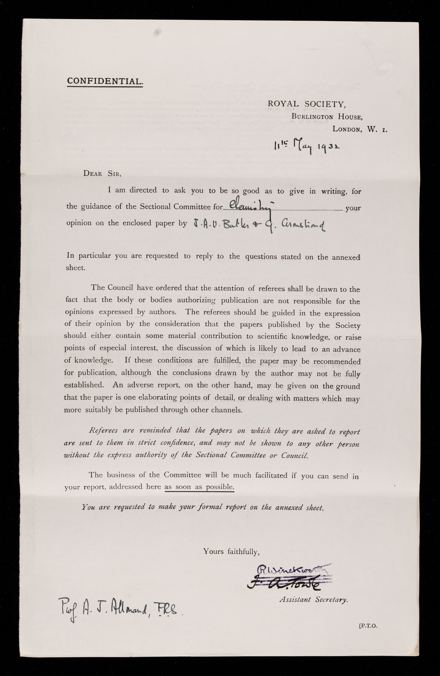 Referee's report by Arthur John Allmand, on a paper 'The kinetics of ...