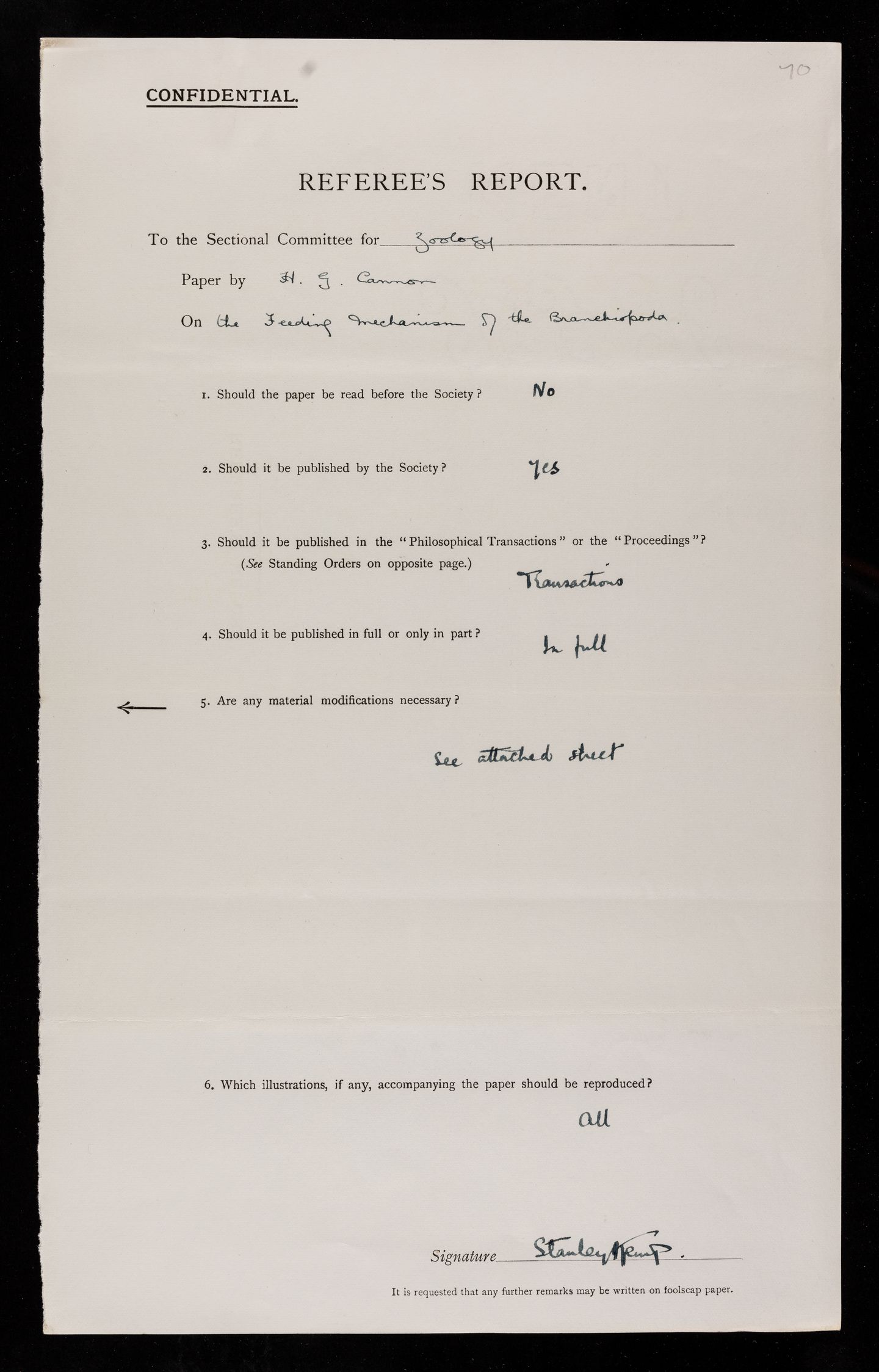 Referee's report by Stanley Wells Kemp, on a paper 'On the feeding mechanism of the Branchiopoda ...