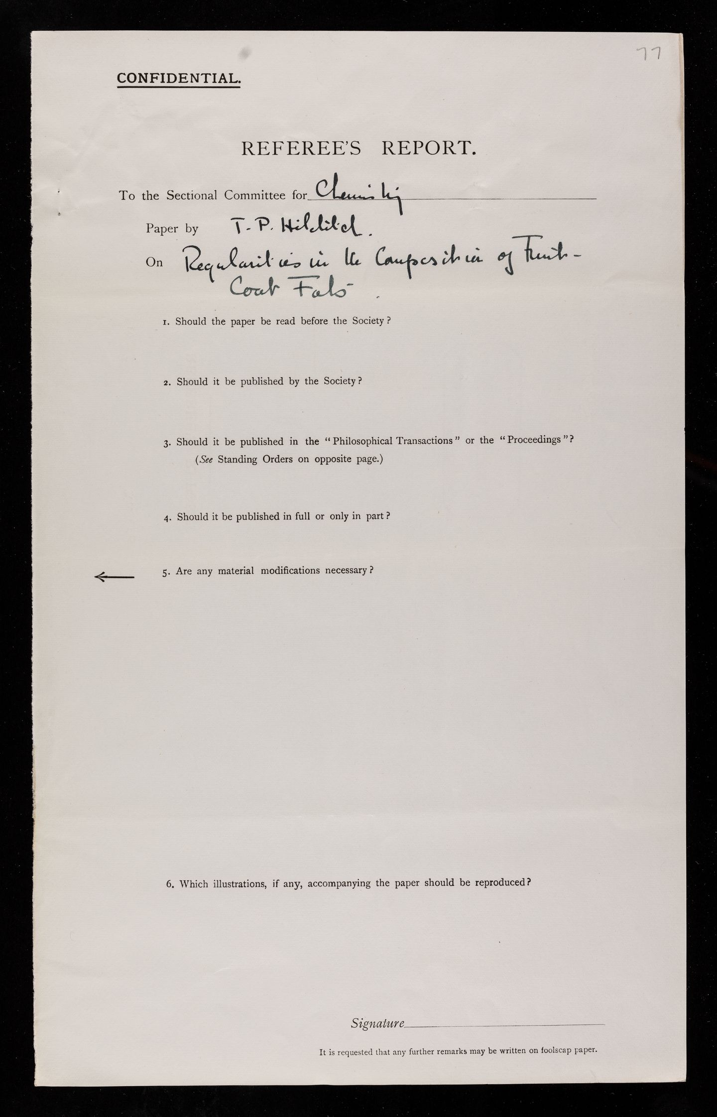 Referee's report by William Hobson Mills, on a paper 'Regularities in ...