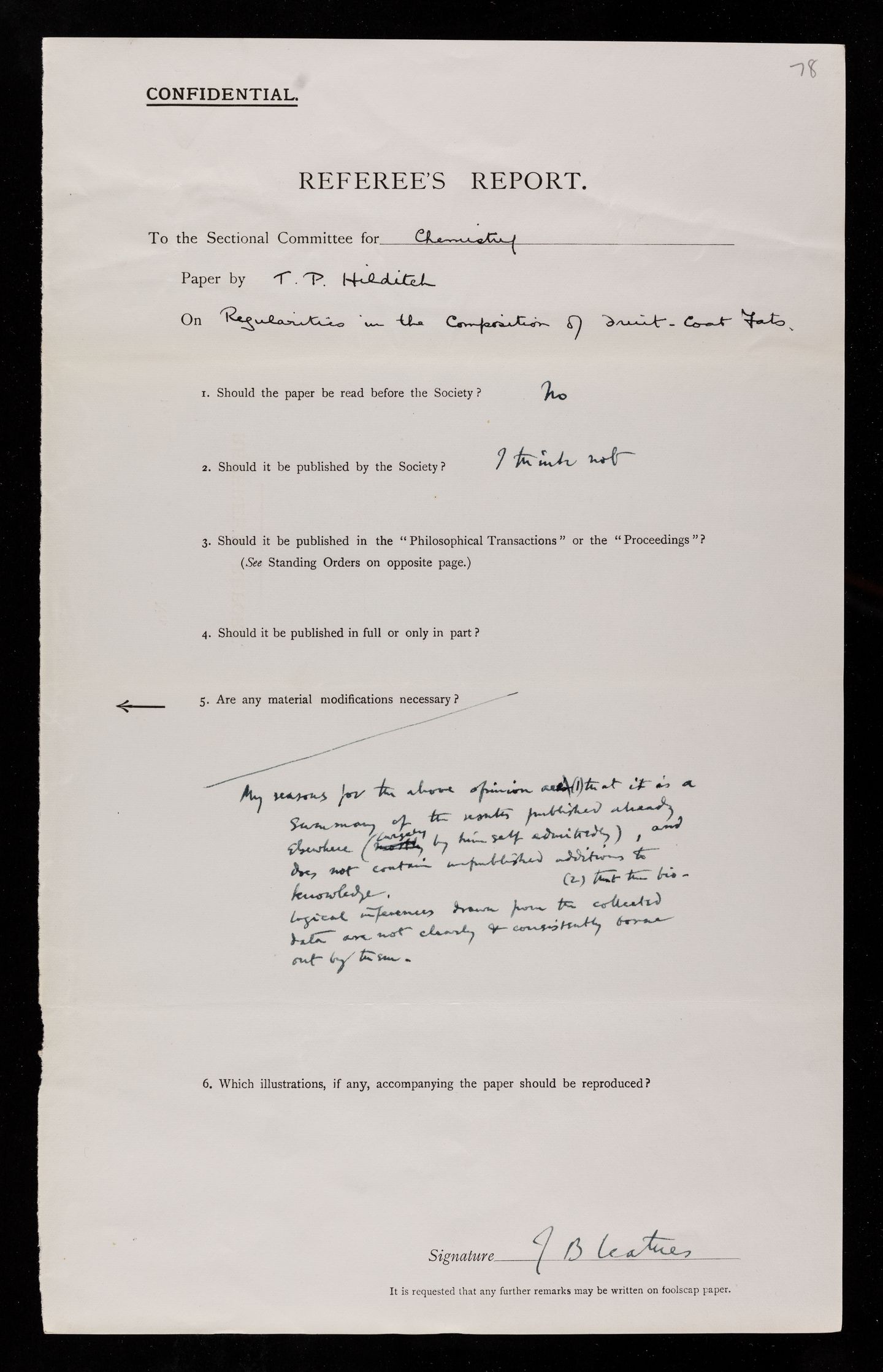 Referee's report by John Beresford Leathes, on a paper 'Regularities in ...