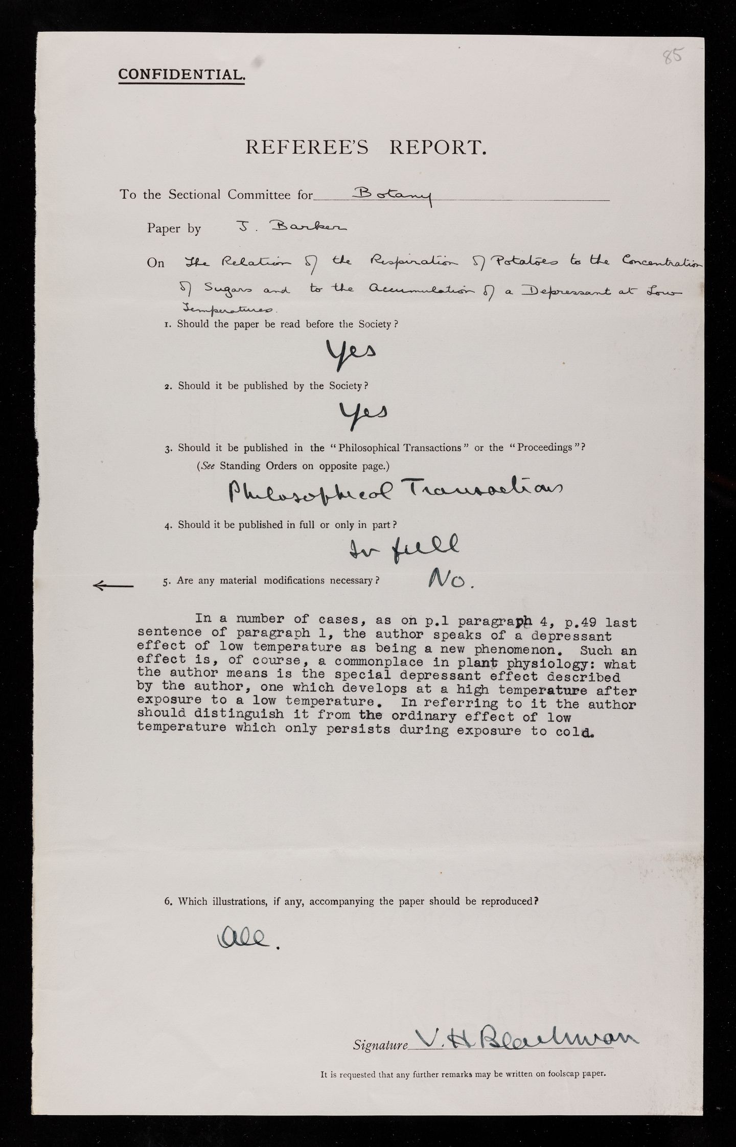 Referee's report by Vernon Herbert Blackman, on two papers 'Analytic studies in plant ...