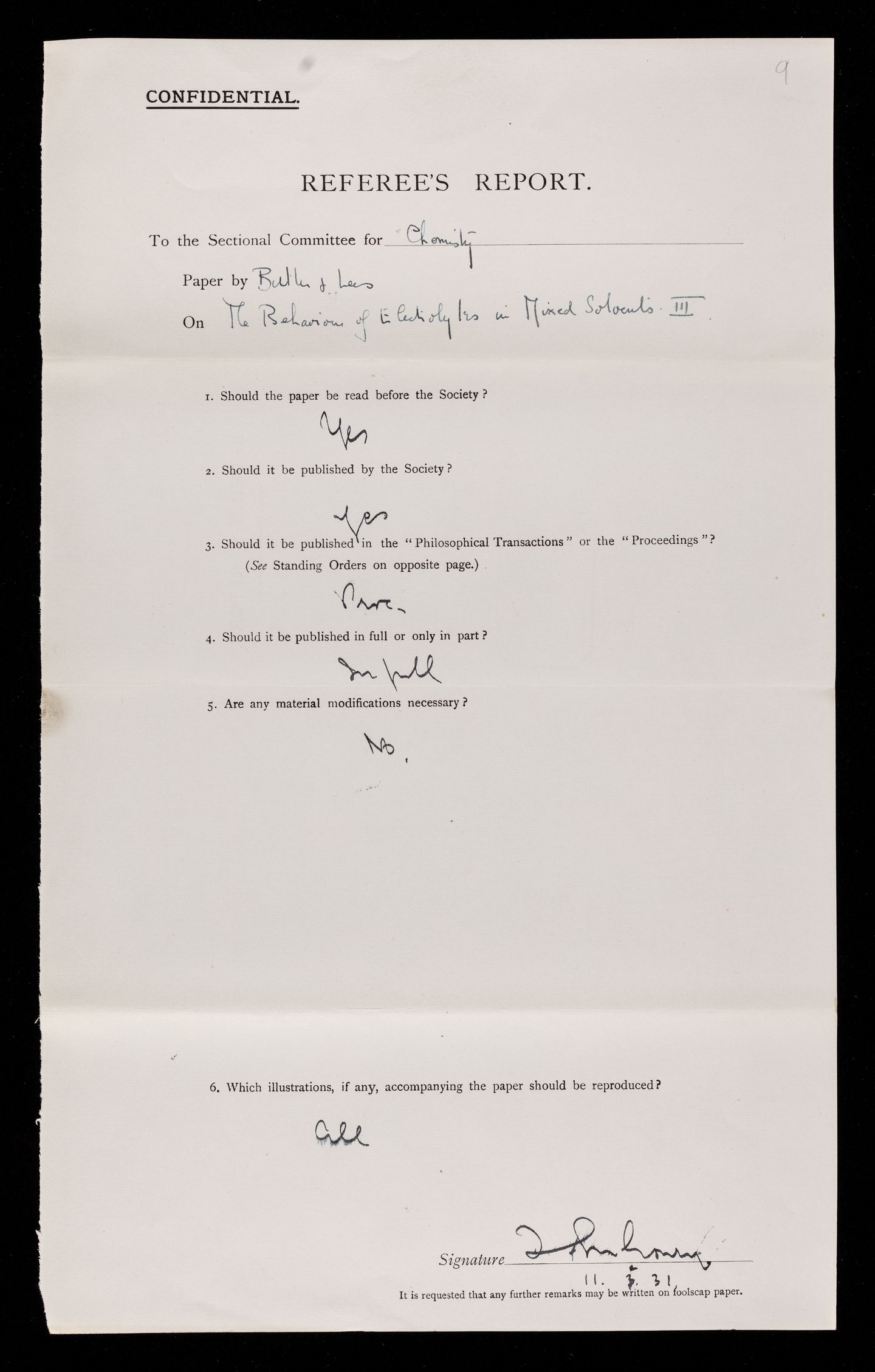 Referee's report by Thomas Martin Lowry, on a paper 'The behaviour of ...