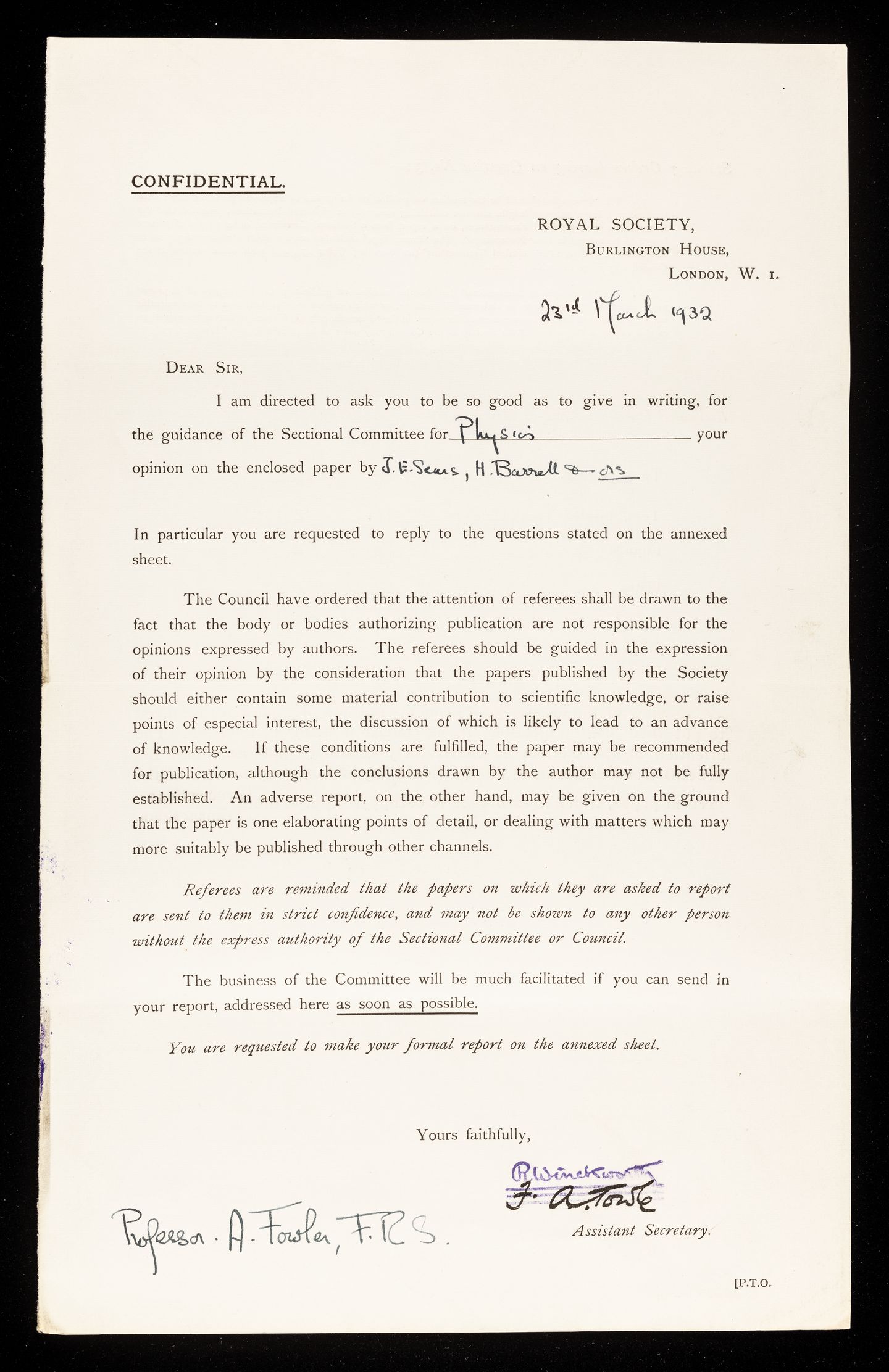 Referee's report by Alfred Fowler, on a paper 'A new apparatus for ...