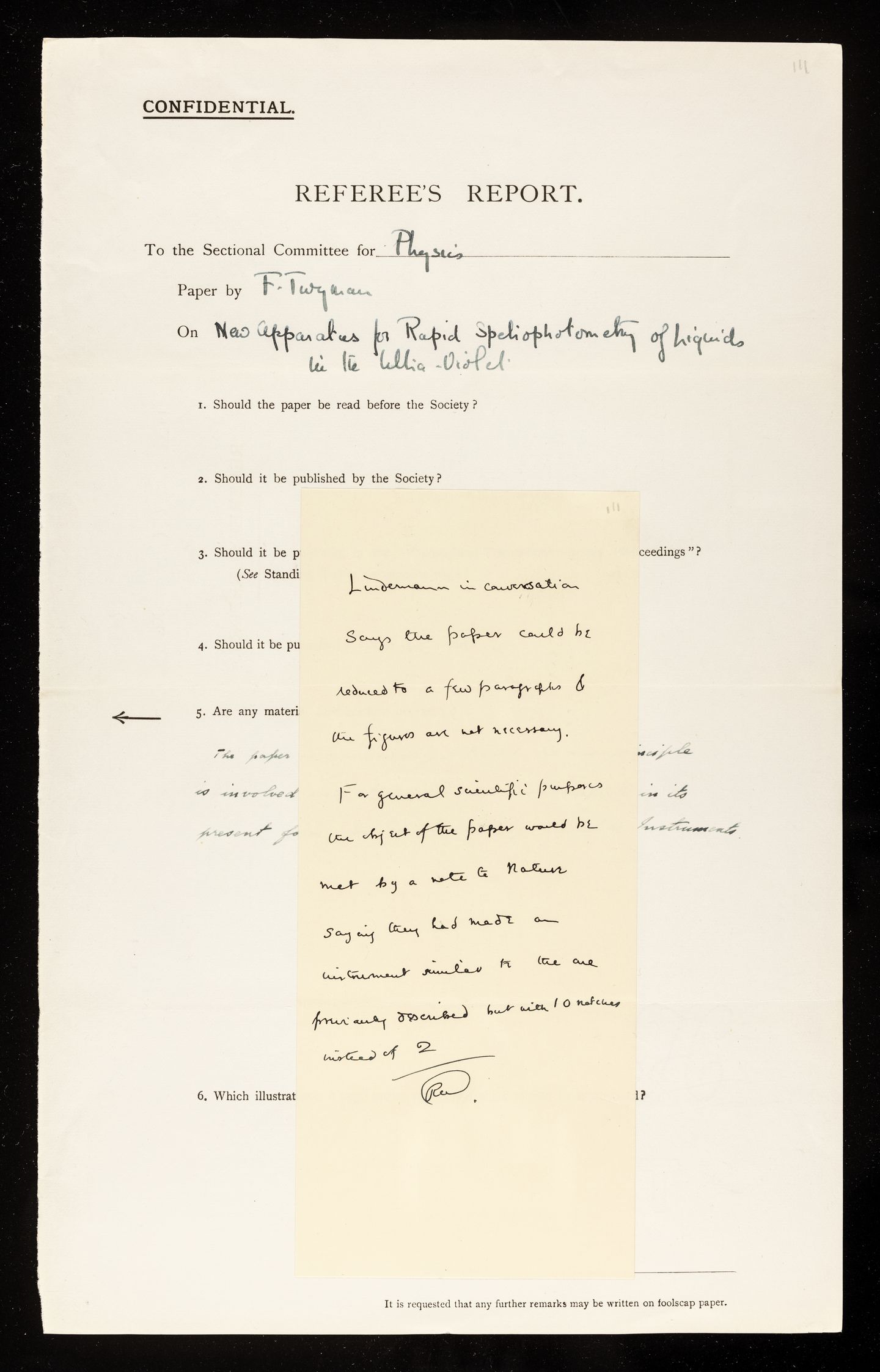 Referee's report by Frederick Alexander Lindemann, Viscount Cherwell ...