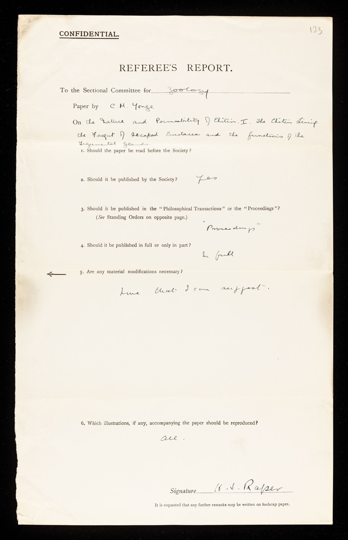 Referee's report by Henry Stanley Raper, on a paper 'On the nature and permeability of chitin. I ...