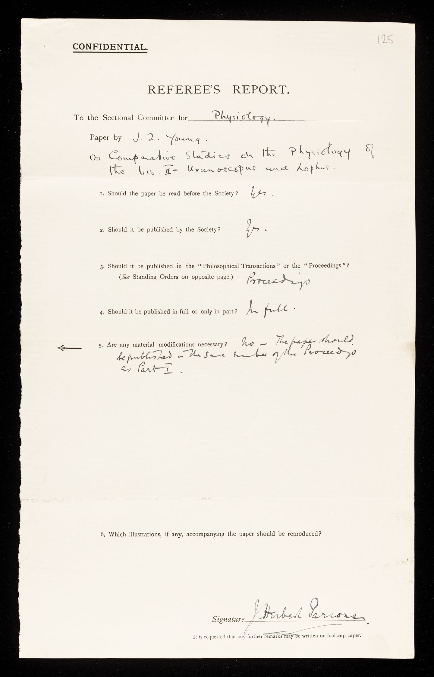 Referee's report by John Herbert Parsons, on a paper 'Comparative studies on the physiology of ...