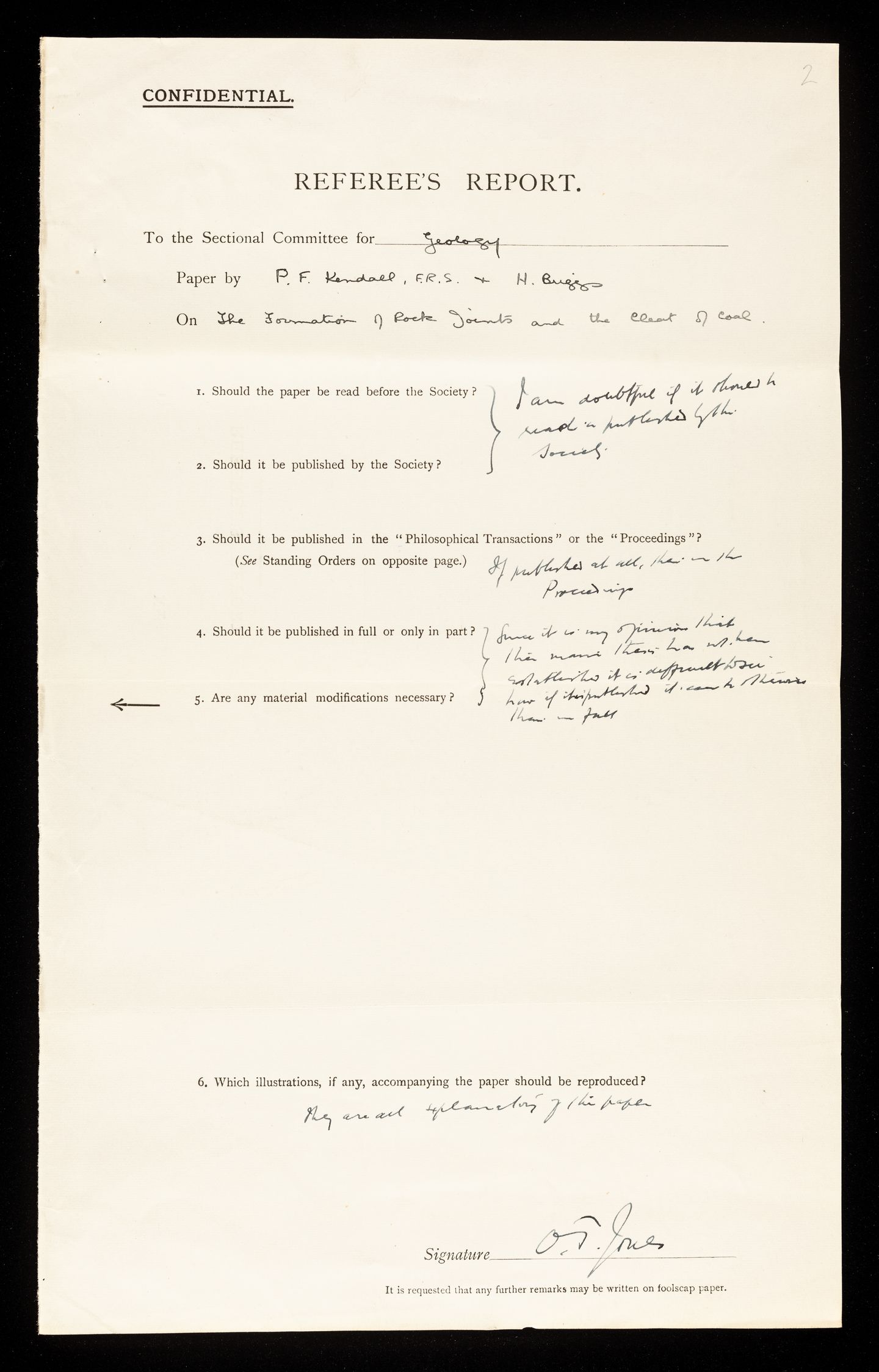 Referee's report by Owen Thomas Jones, on a paper 'On the formation of ...